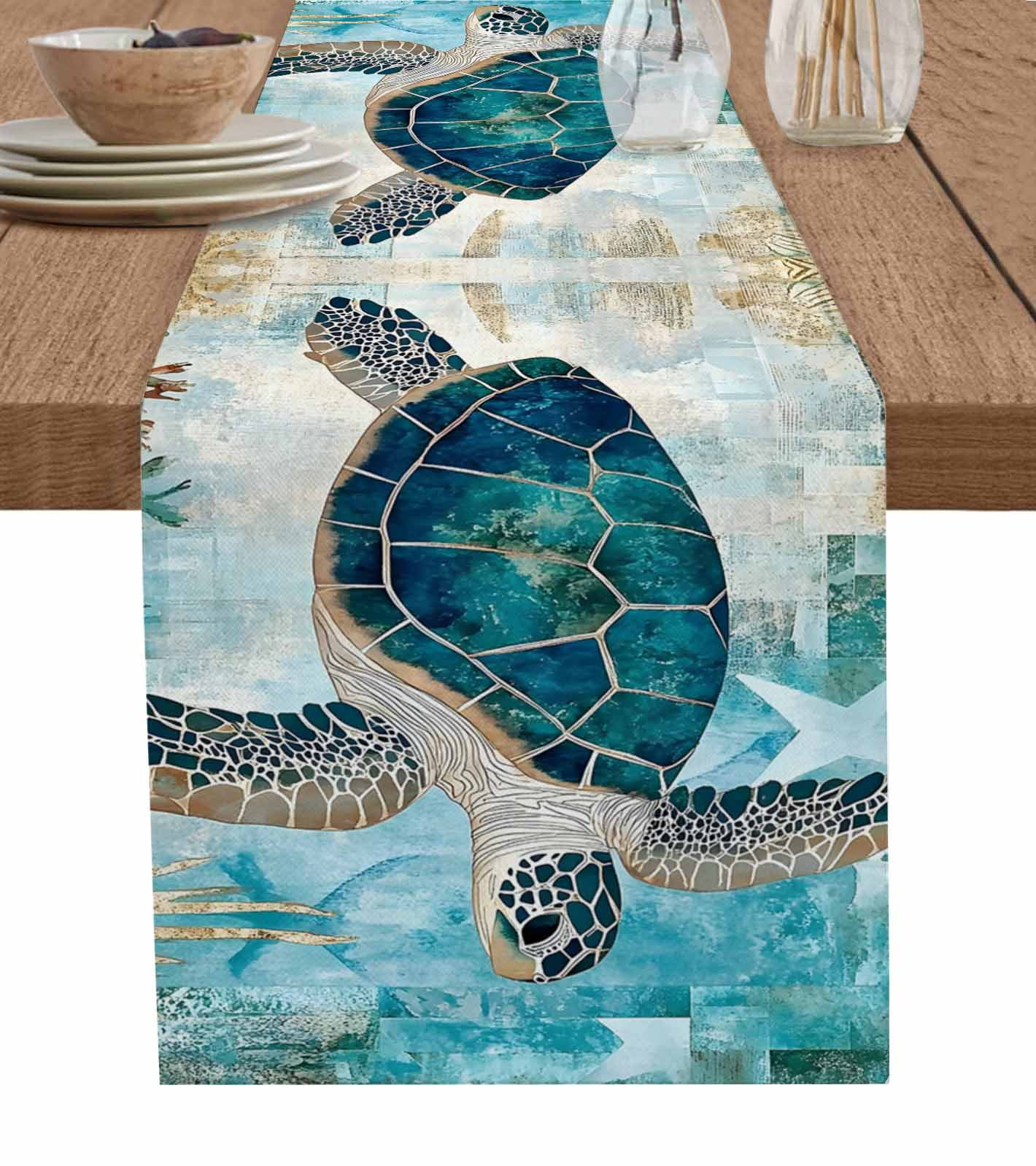 ERUNPONLY Coastal Sea Turtle Table Runner - 72 Inch Long Summer Ocean ...