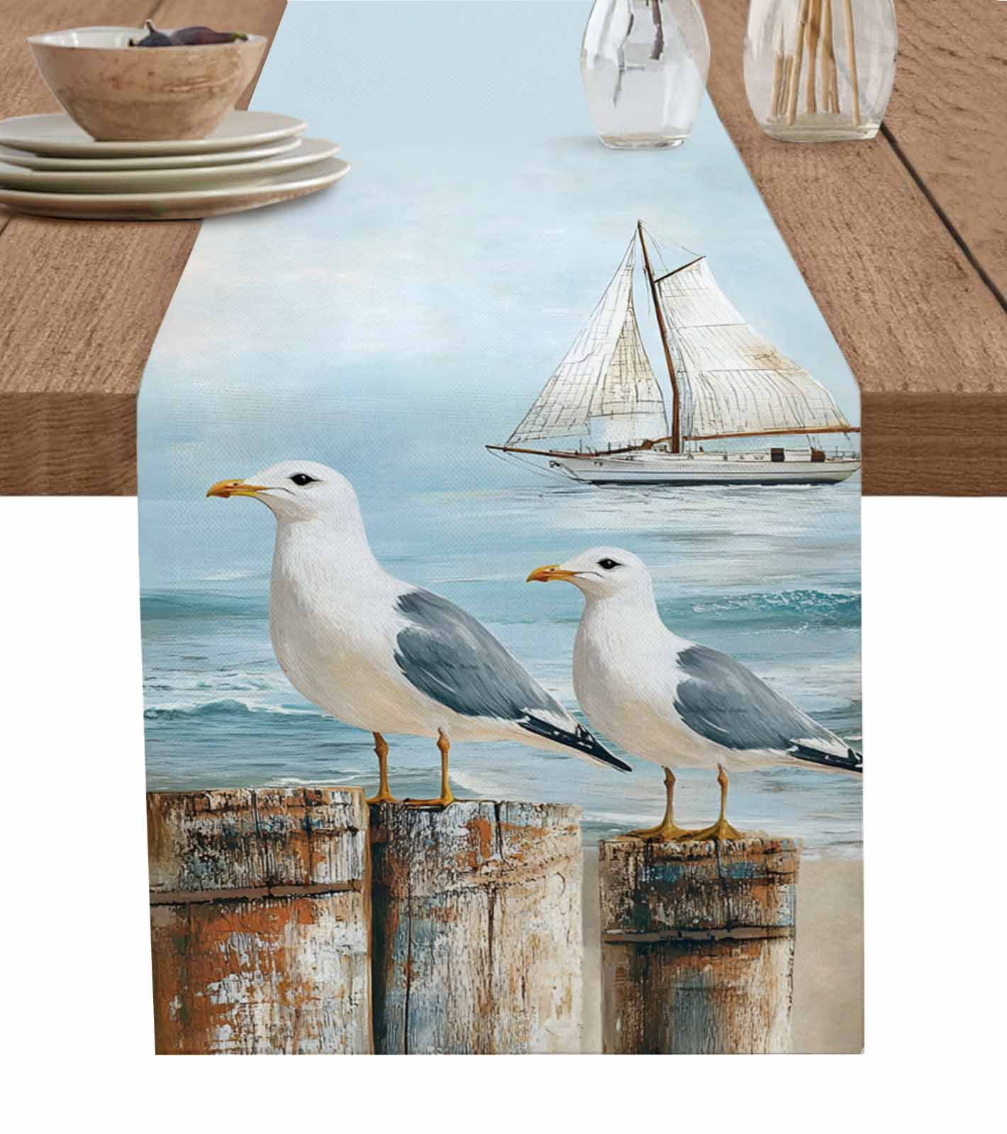 ERUNPONLY Coastal Seagull Table Runner - 70 Inch Long Summer Beach Vintage Nautical Sailboat ...