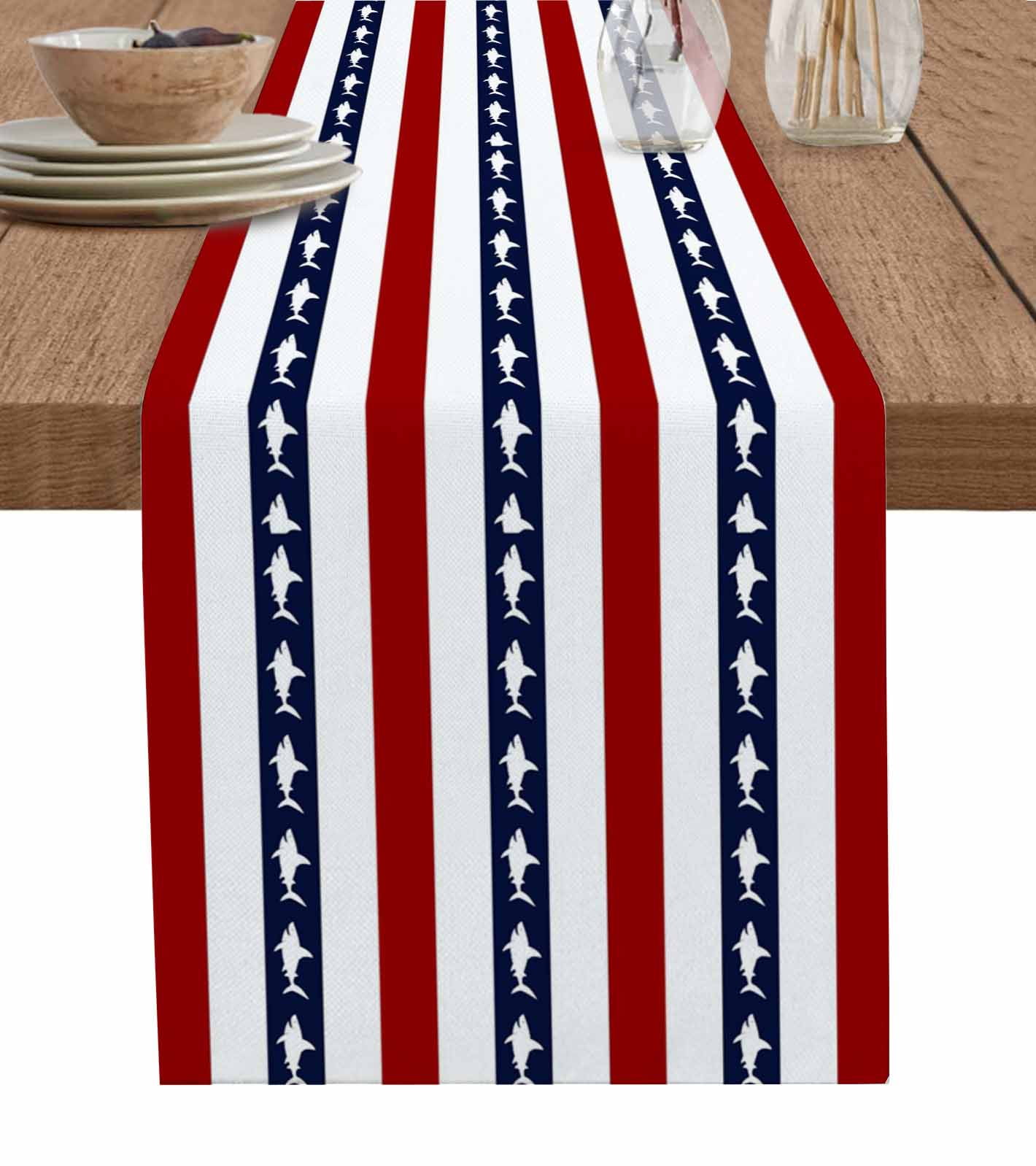 ERUNPONLY Coastal Shark Table Runner - 48 Inch Long Ocean Red Navy Blue ...