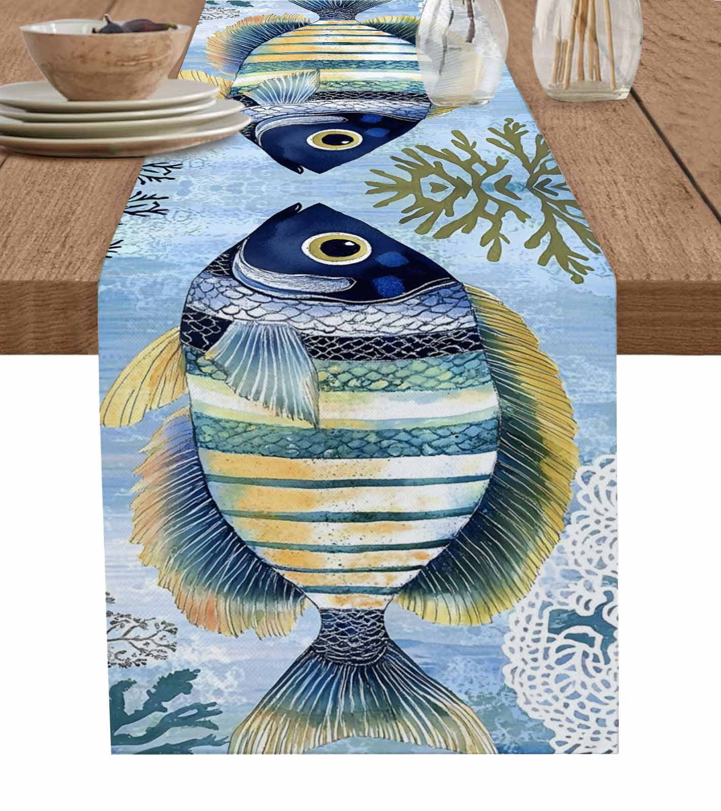 ERUNPONLY Coastal Stripe Fish Table Runner - 90 Inch Long Summer Ocean ...