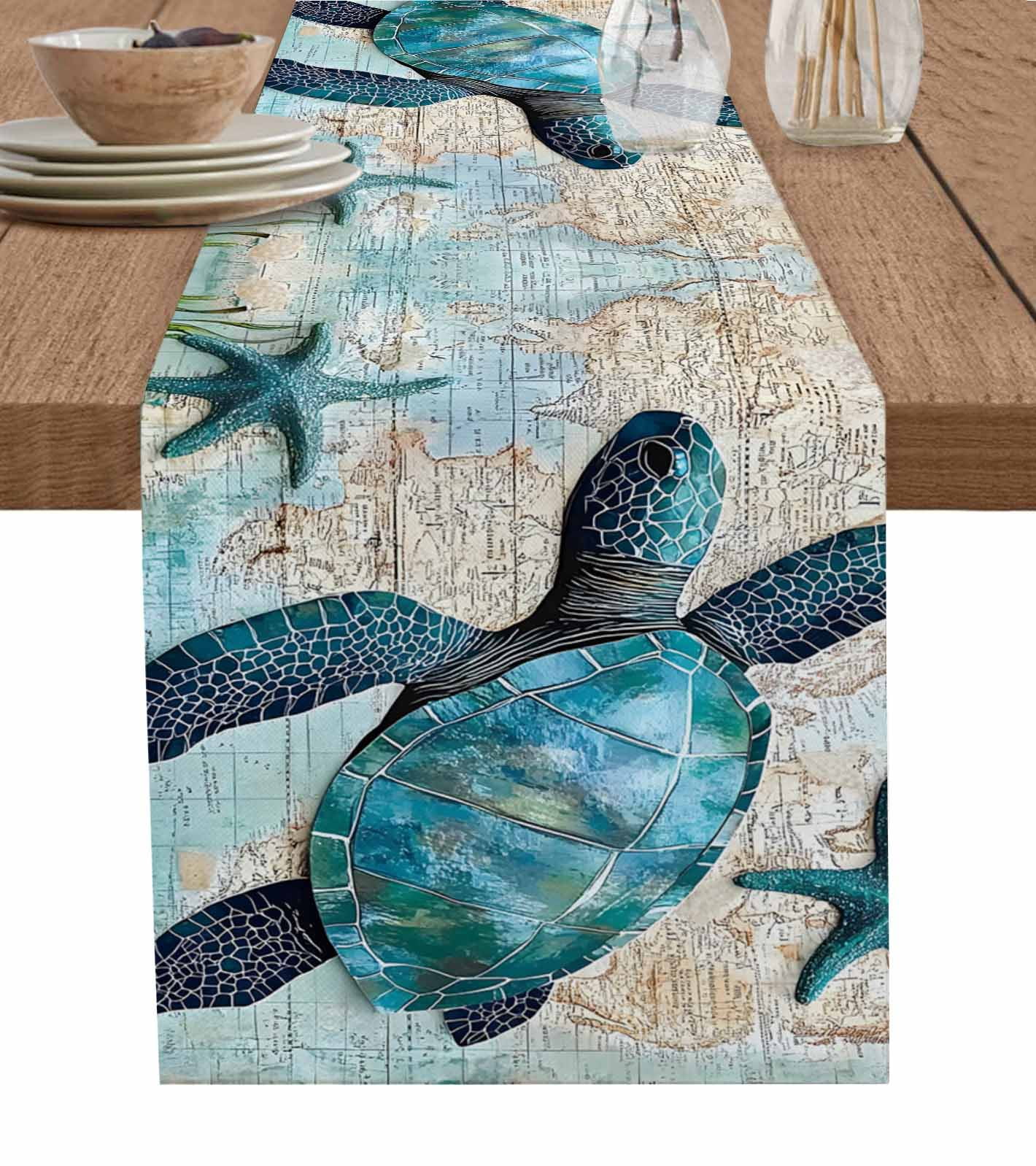 ERUNPONLY Coastal Turtle Table Runner - 70 Inch Long Vintage Nautical ...