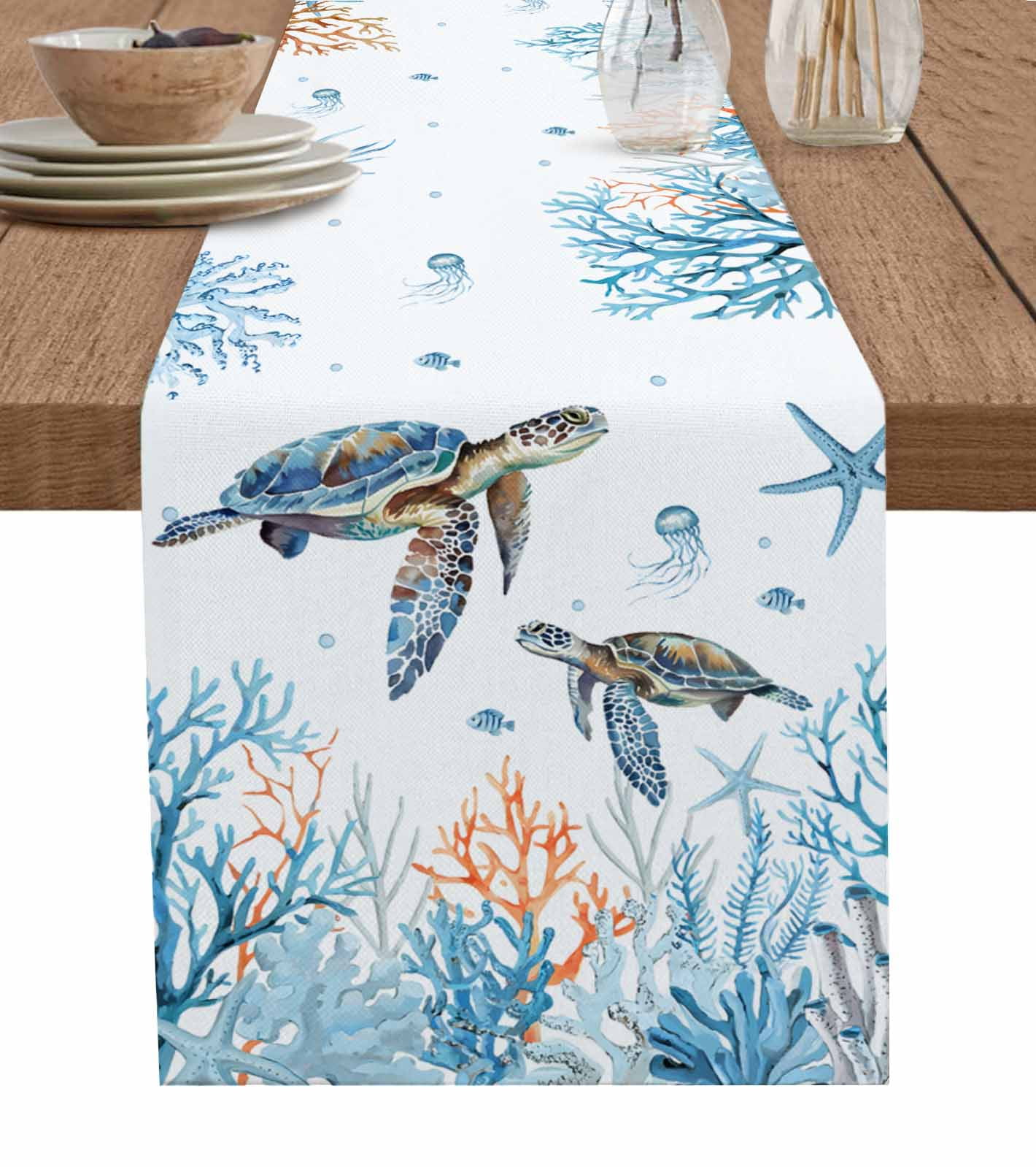 ERUNPONLY Coastal Turtle Table Runner - 72 Inch Long Blue Ocean Coral ...