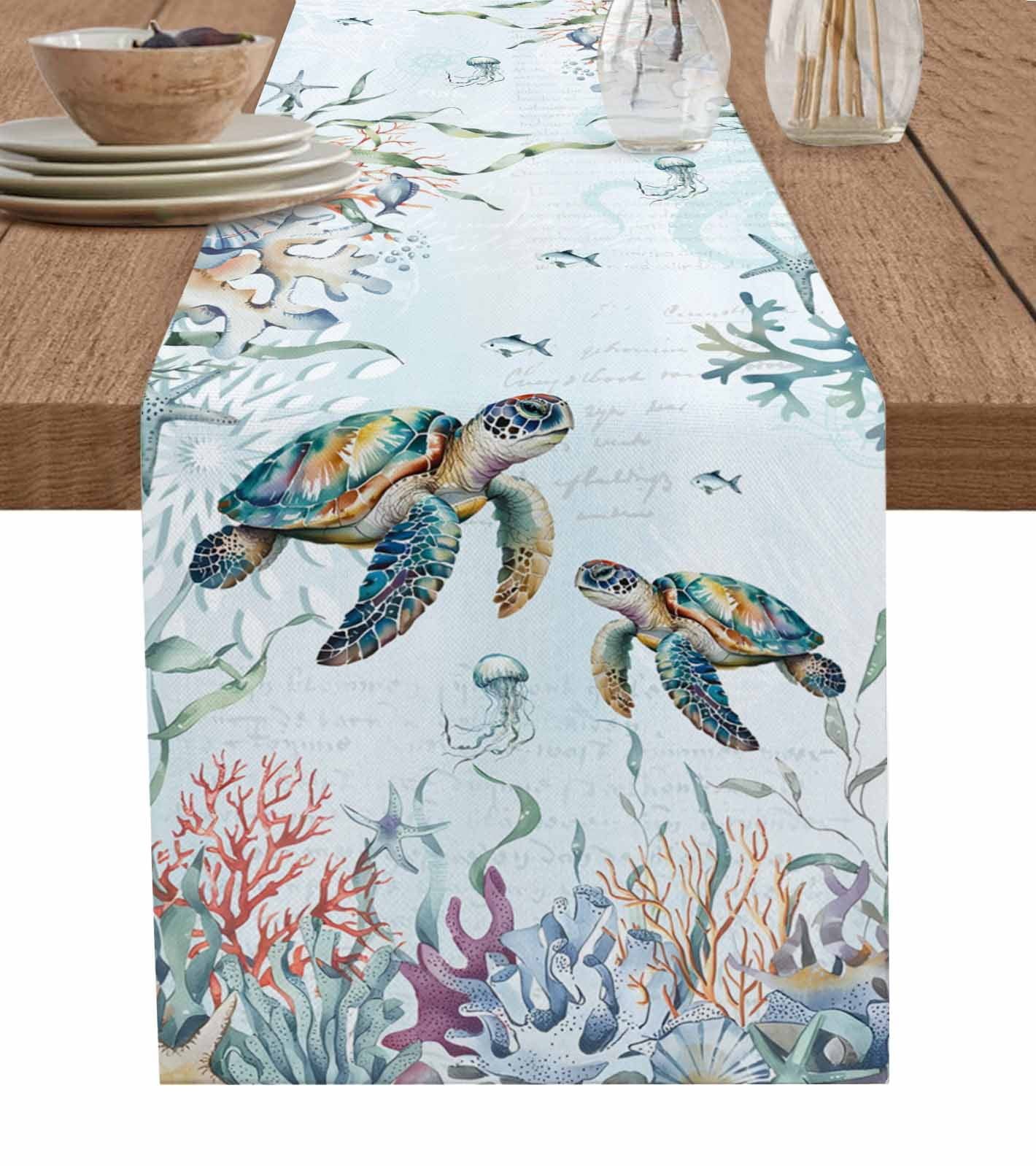 ERUNPONLY Coastal Turtle Table Runner - 90 Inch Long Ocean Starfish ...