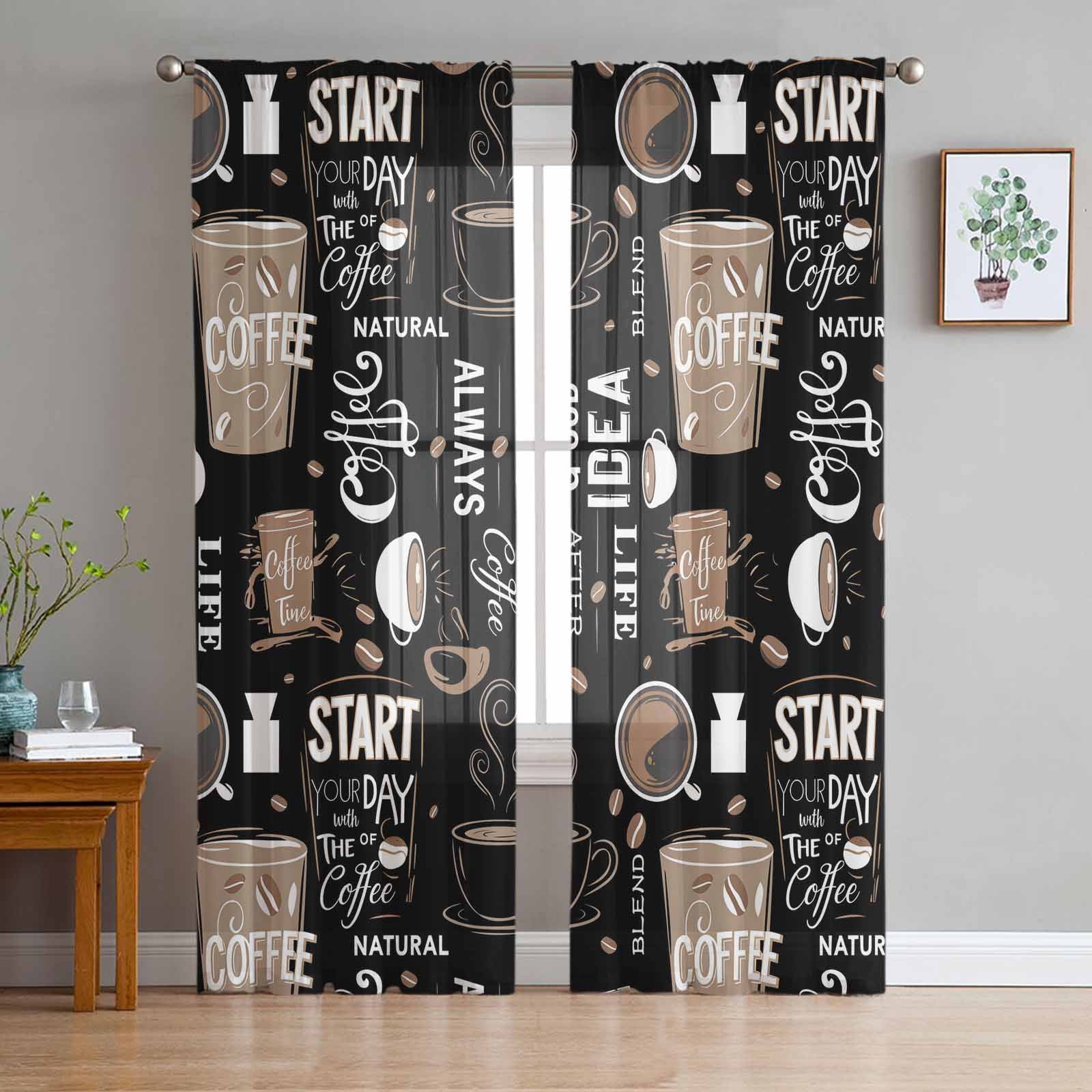 ERUNPONLY Coffee Black Sheer Curtains 63 Inch Length 2 Panels Set ...