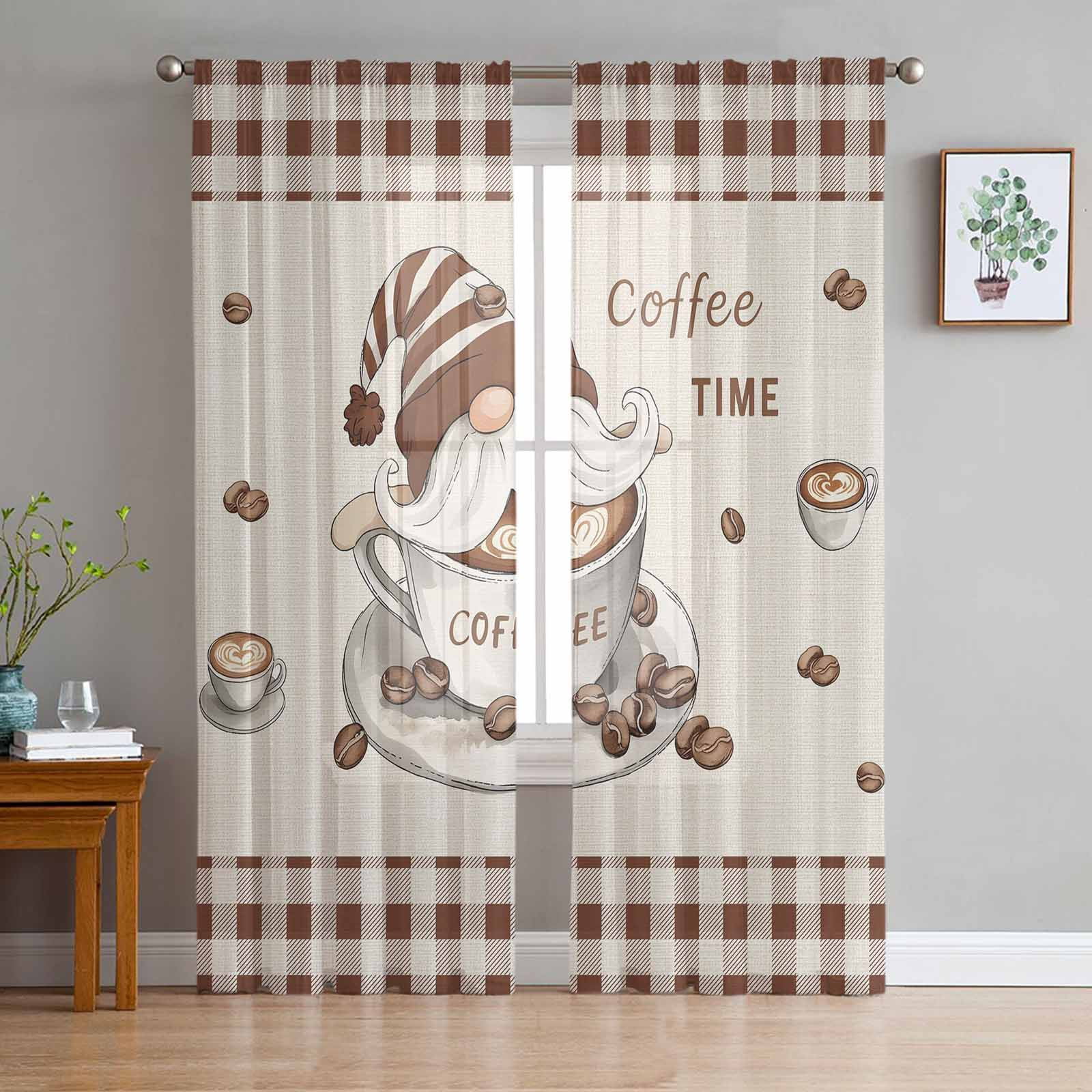 ERUNPONLY Coffee Gnomes Sheer Curtains 63 Inch Length 2 Panels Set ...