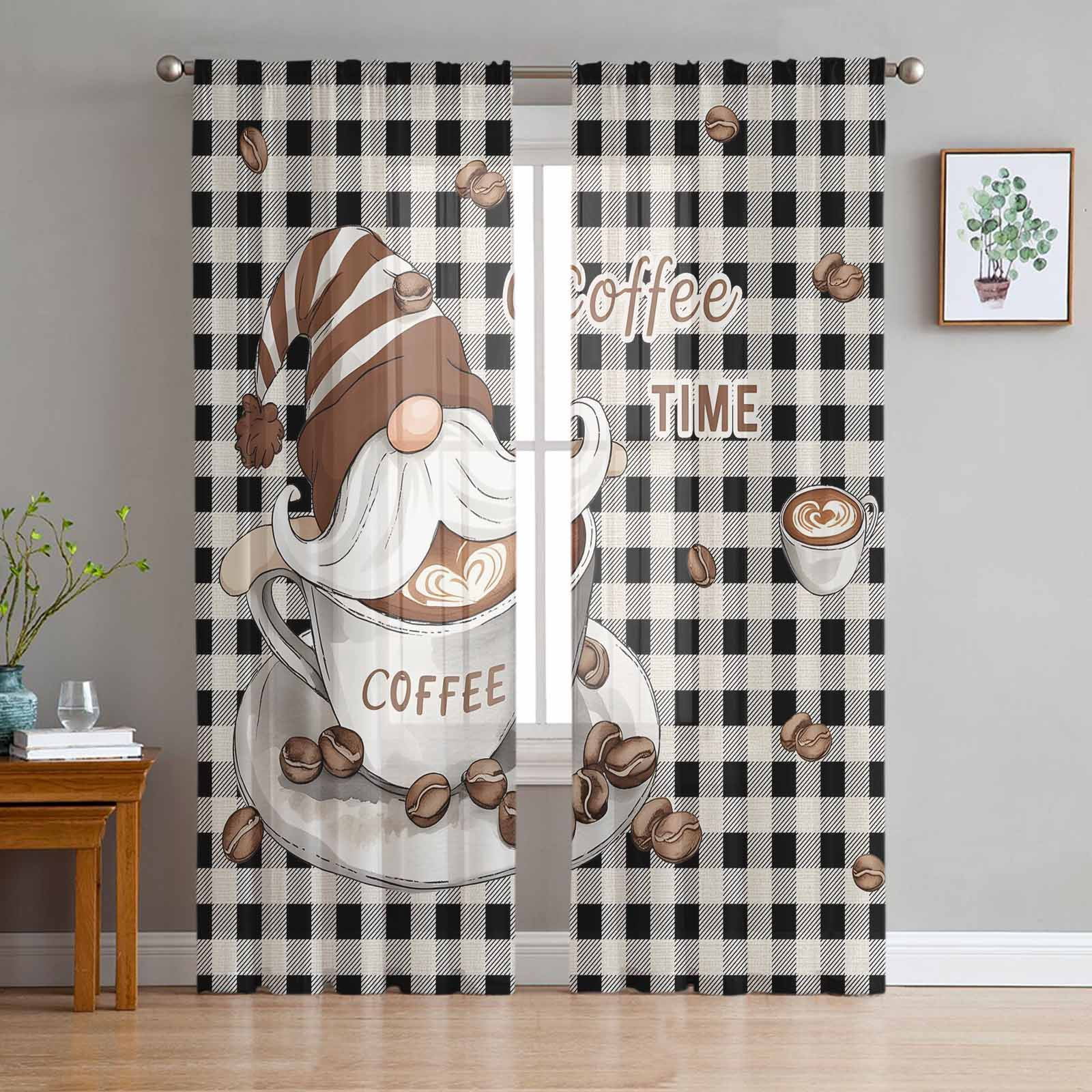 ERUNPONLY Coffee Gnomes Sheer Curtains 84 Inch Length 2 Panels Set ...
