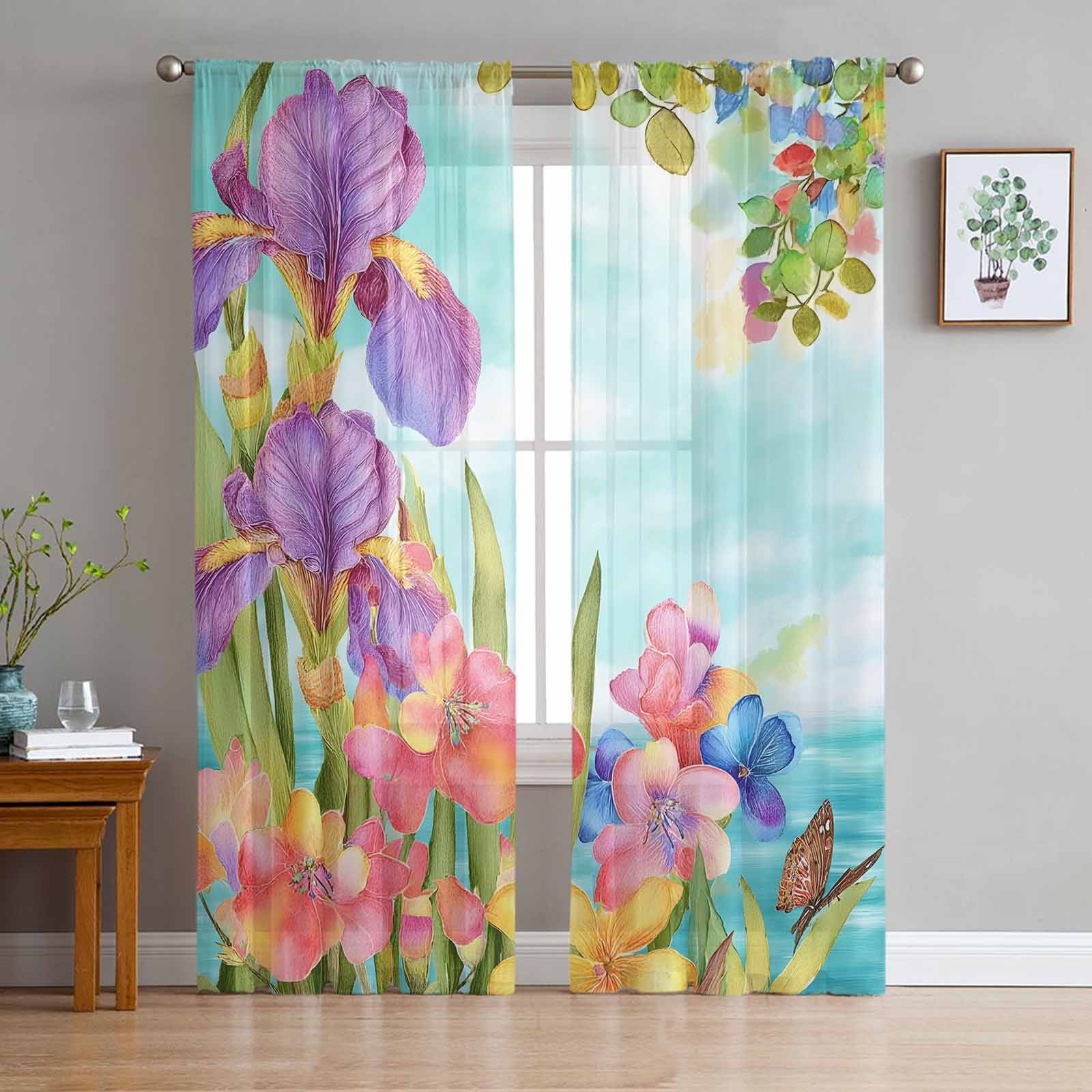 ERUNPONLY Colorful Flowers Sheer Curtains 72 Inch Length 2 Panels Set ...