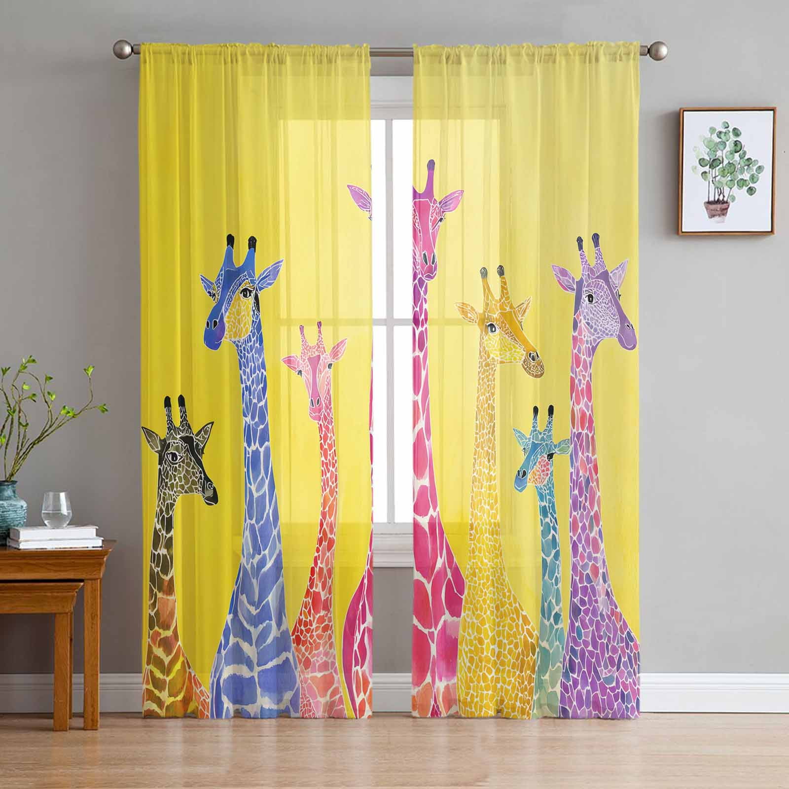ERUNPONLY Colorful Giraffe Sheer Curtains 63 Inch Length 2 Panels Set ...