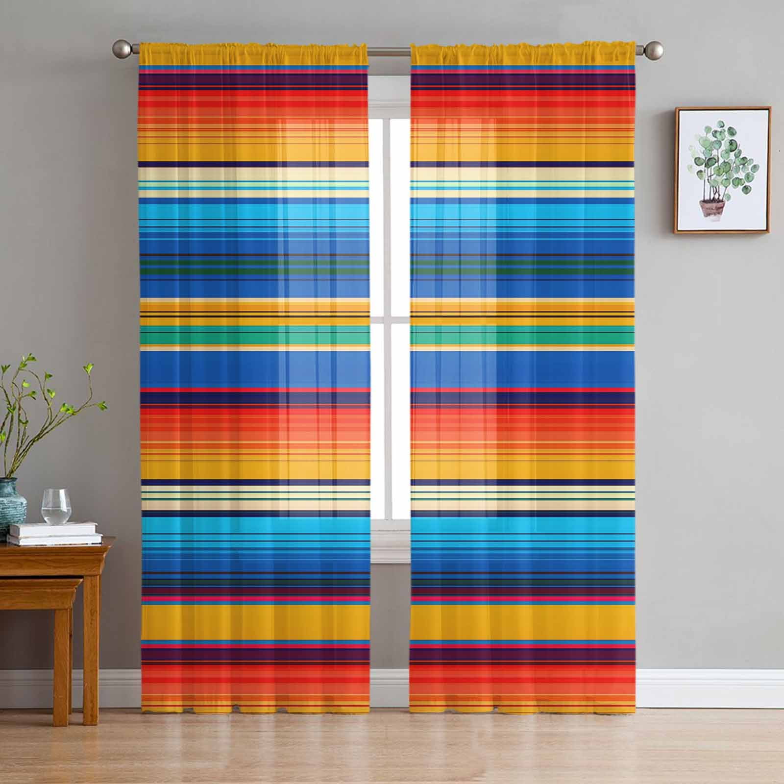 ERUNPONLY Colorful Striped Sheer Curtains 72 Inch Length 2 Panels Set ...
