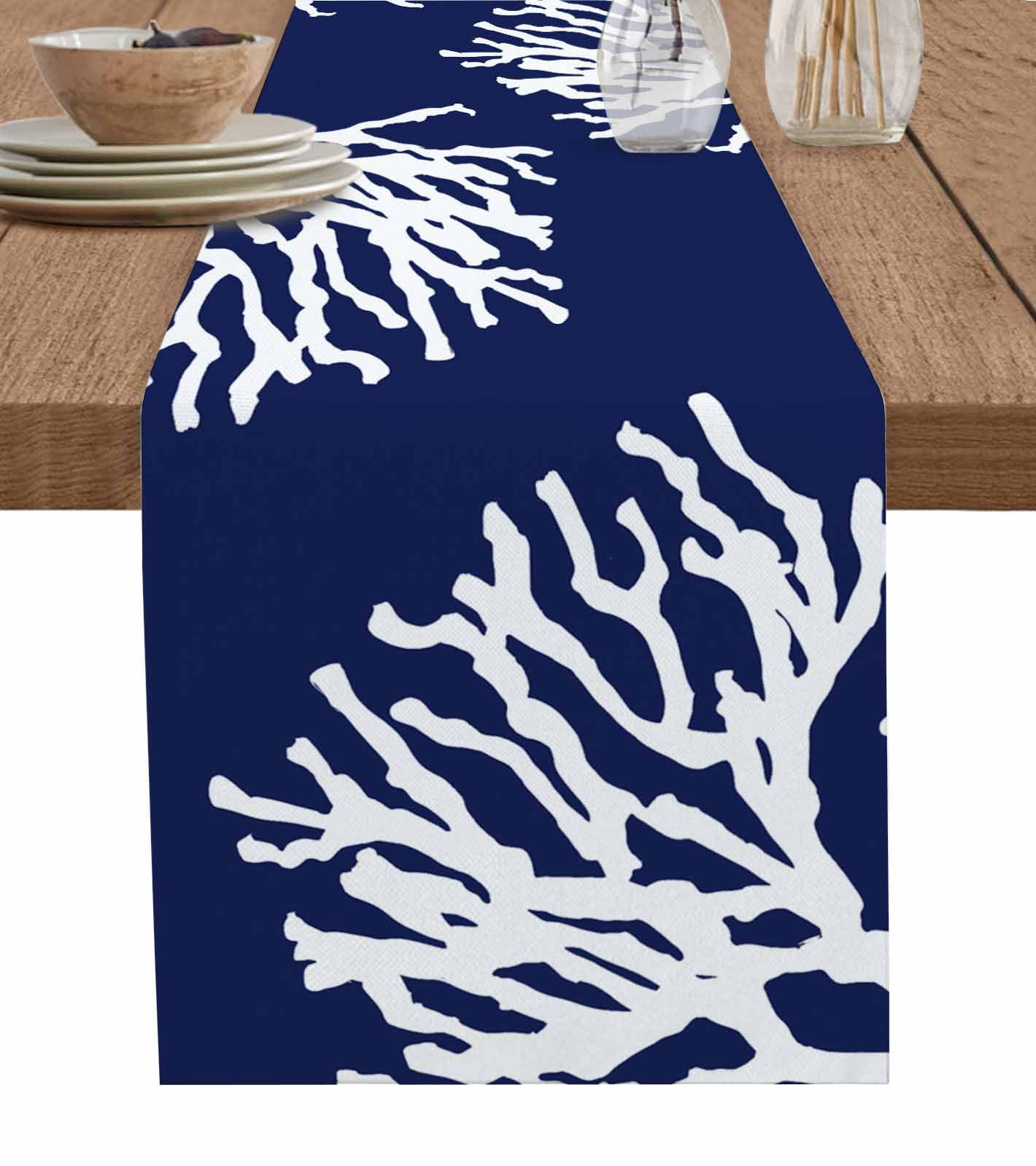 ERUNPONLY Coral Navy Blue Table Runner - 72 Inch Long Coastal Ocean ...