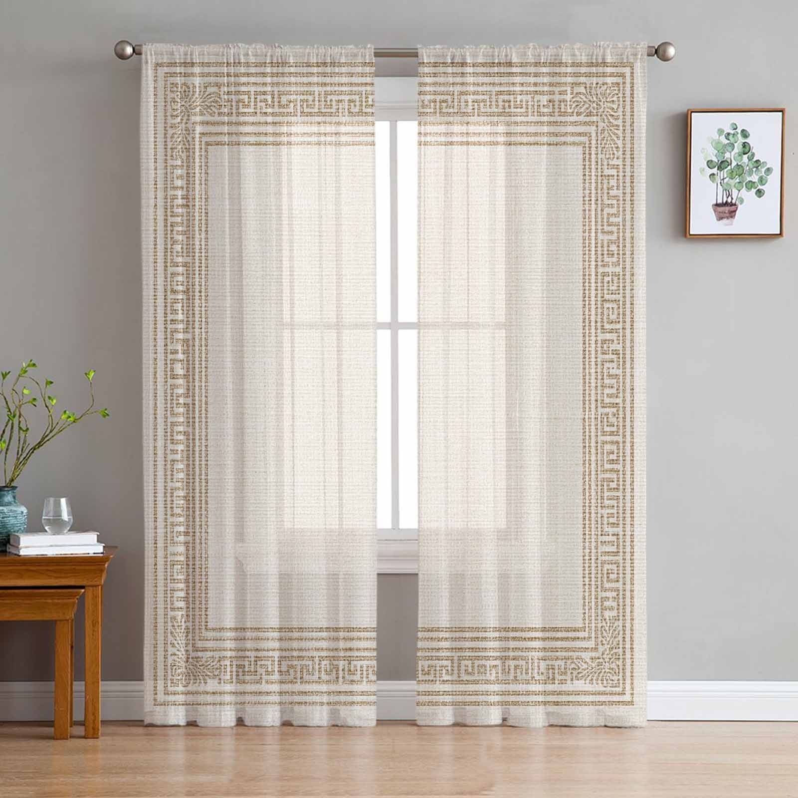 ERUNPONLY Cream Retro Greek Key Sheer Curtains 63 Inch Length 2 Panels ...