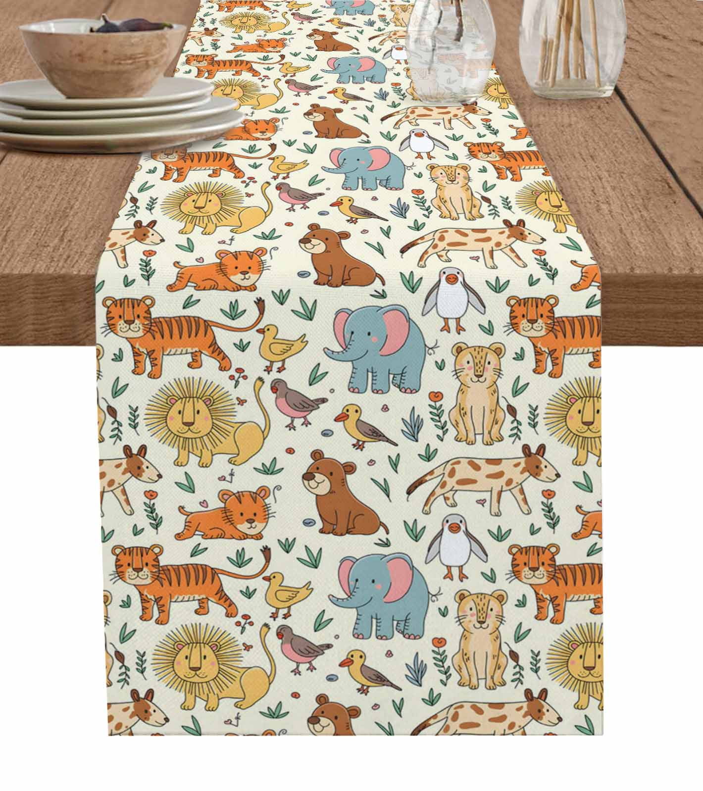 ERUNPONLY Cute Animals Zoo Table Runner - 108 Inch Long Cartoon Funny ...