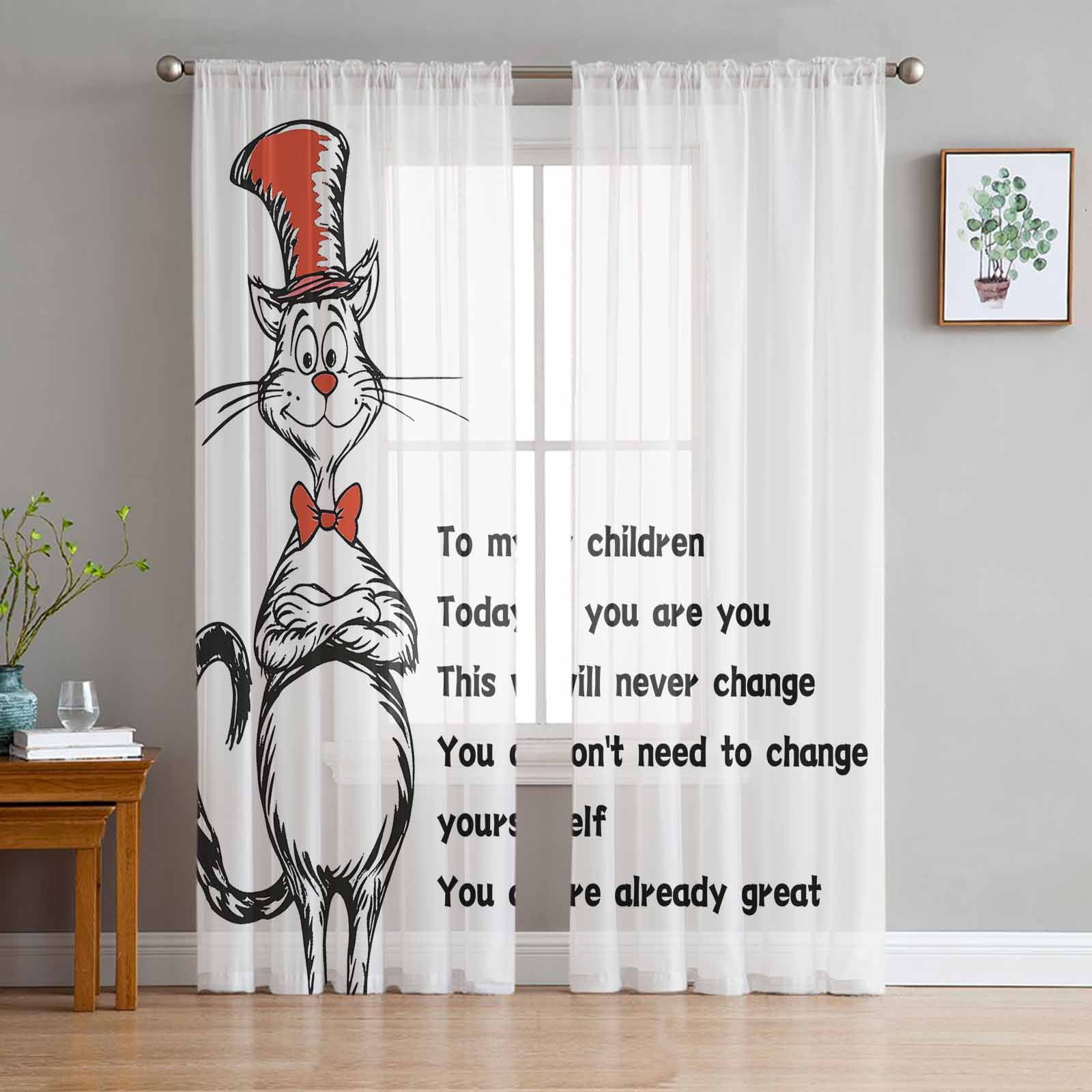 ERUNPONLY Cute Cat Red Hat Sheer Curtains 96 Inch Length 2 Panels Set ...