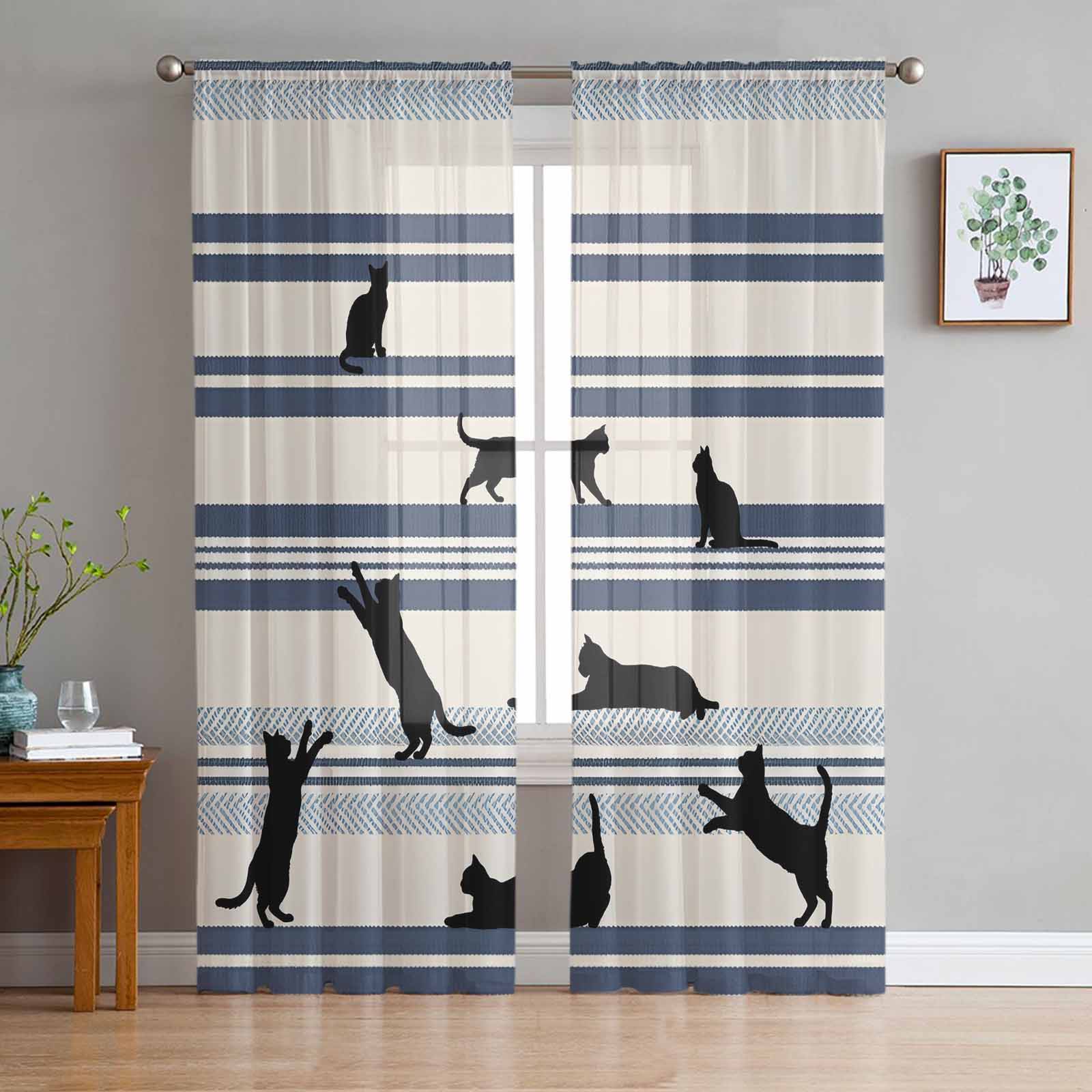 ERUNPONLY Cute Cat Sheer Curtains 72 Inch Length 2 Panels Set, Funny ...