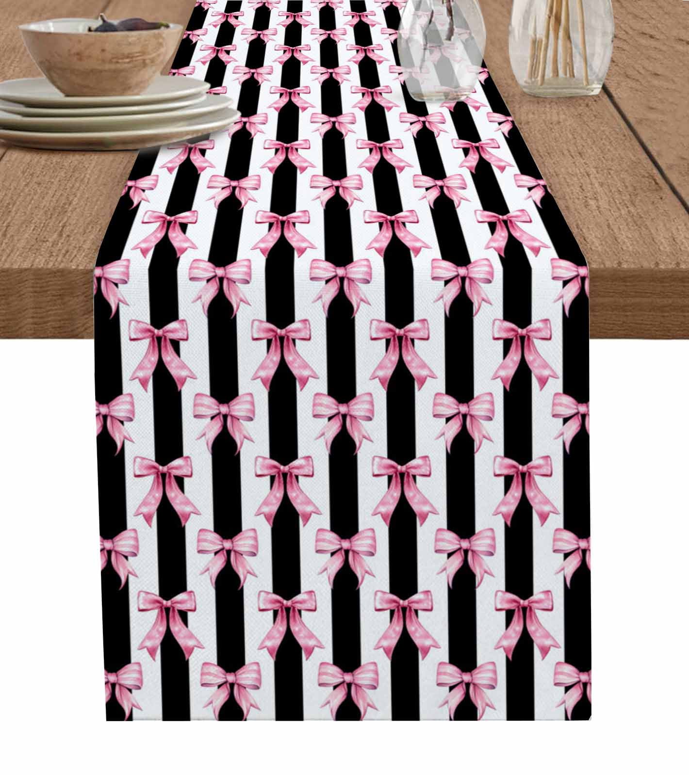 ERUNPONLY Cute Pink Bow Table Runner - 60 Inch Long Black White Striped ...