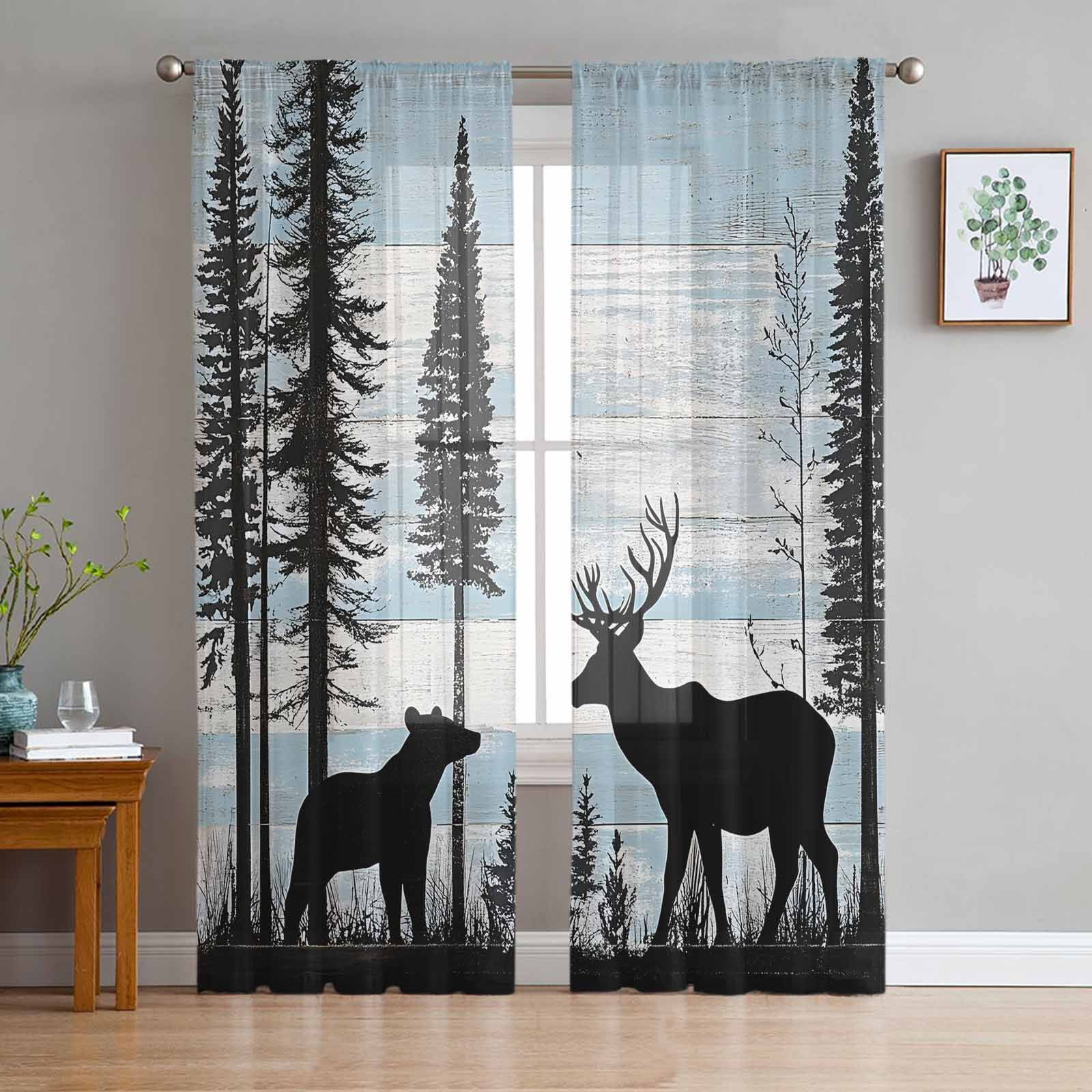 ERUNPONLY Deer Bear Sheer Curtains 84 Inch Length 2 Panels Set, Retro ...