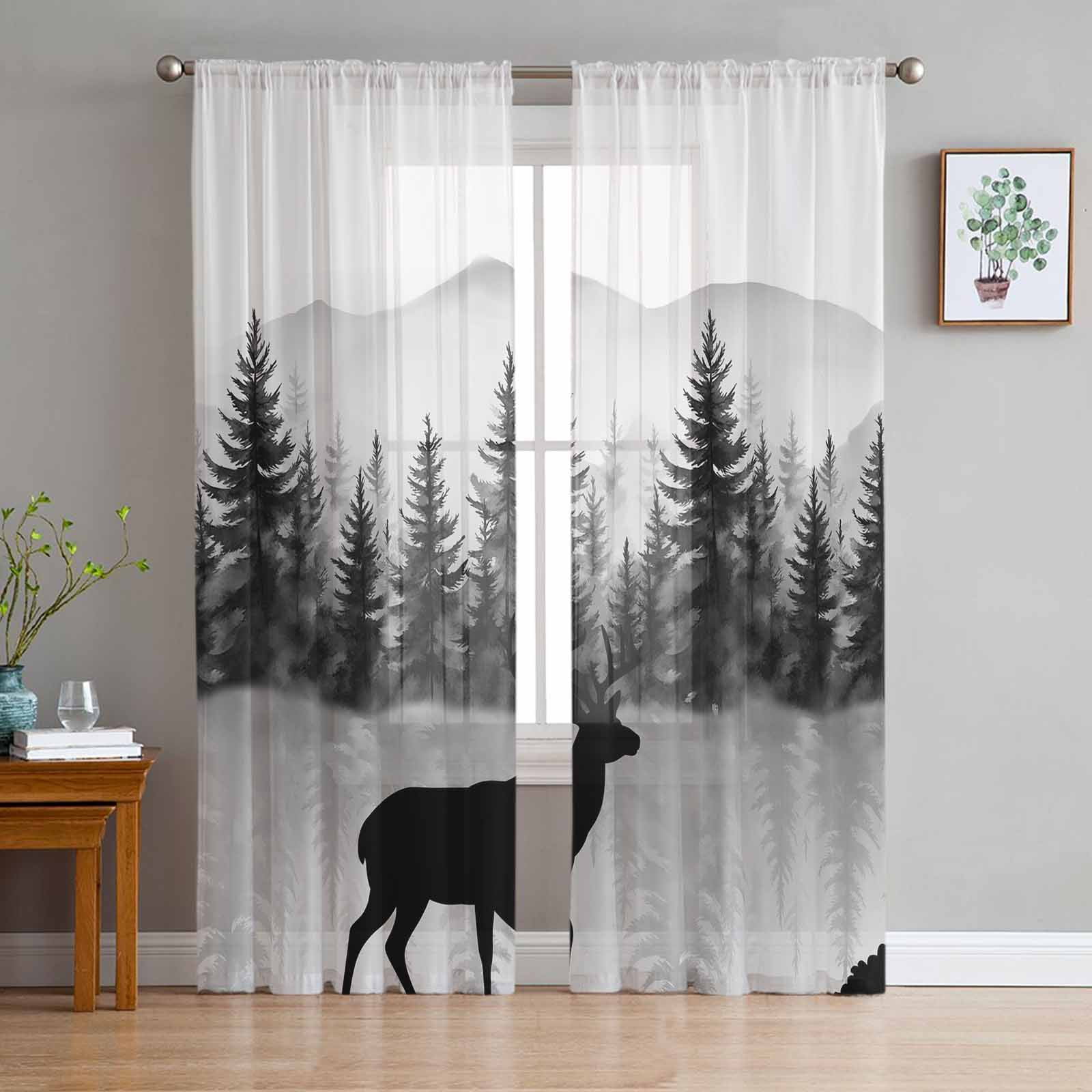 ERUNPONLY Deer Forest Sheer Curtains 96 Inch Length 2 Panels Set, Retro ...