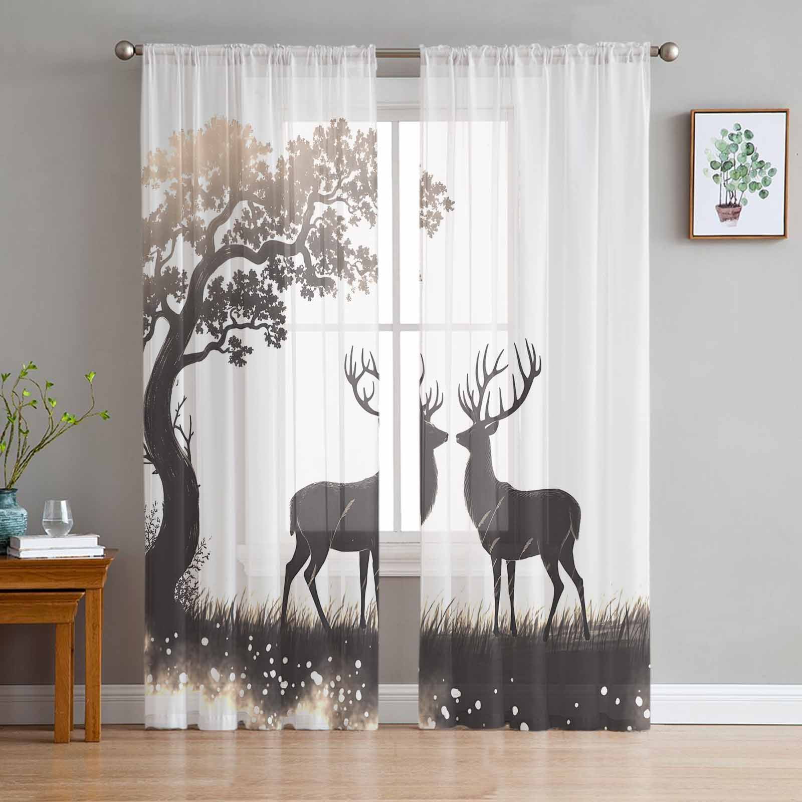 ERUNPONLY Elk Silhouette Sheer Curtains 84 Inch Length 2 Panels Set ...