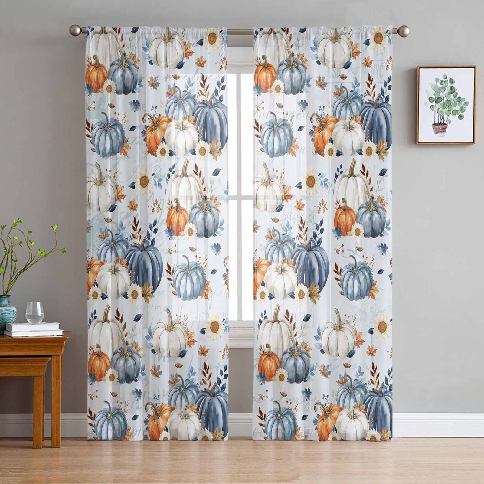 ERUNPONLY Fall Blue Pumpkins Sheer Curtains 72 Inch Length 2 Panels Set ...
