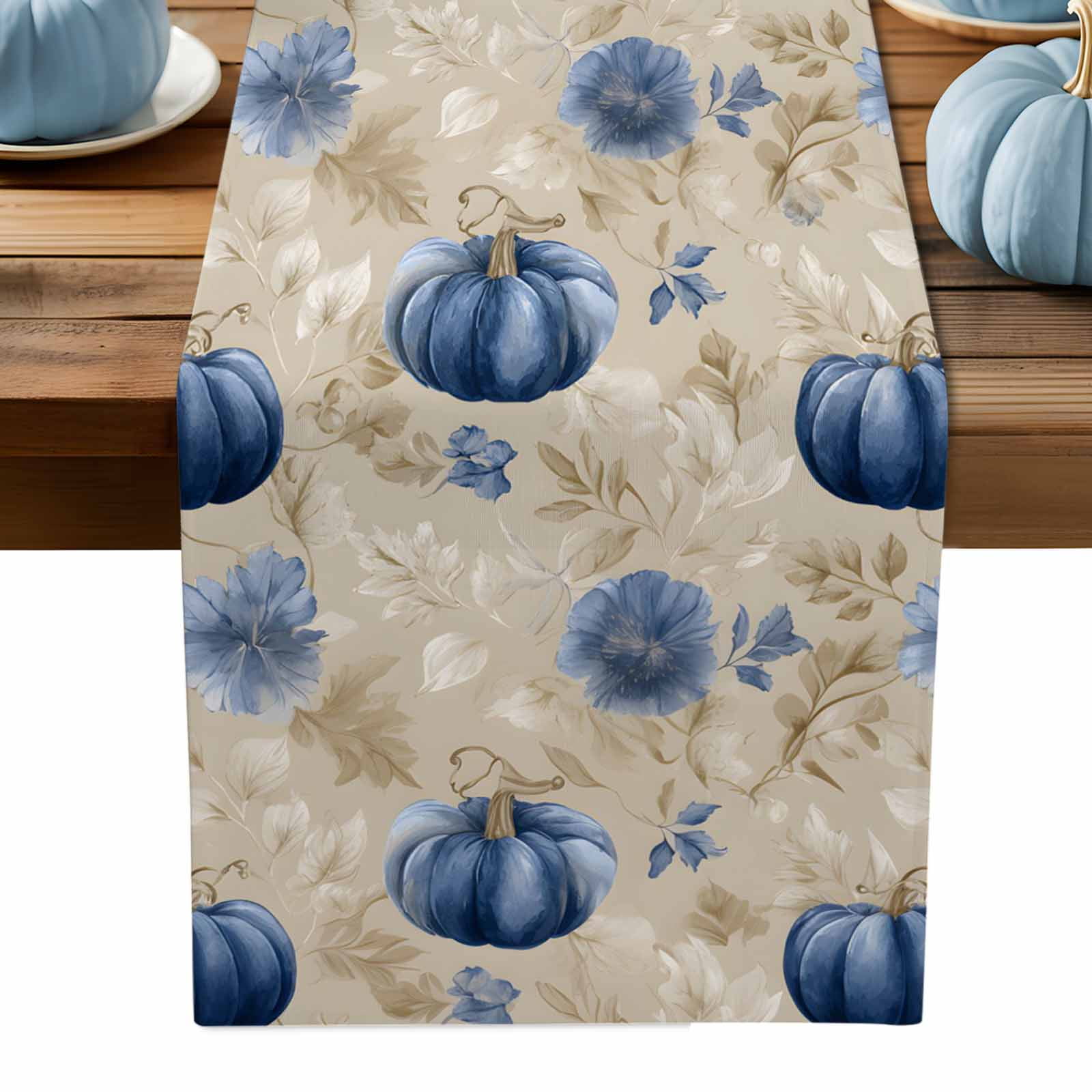 ERUNPONLY Fall Blue Pumpkins Table Runner - 108 Inch Long Vintage ...