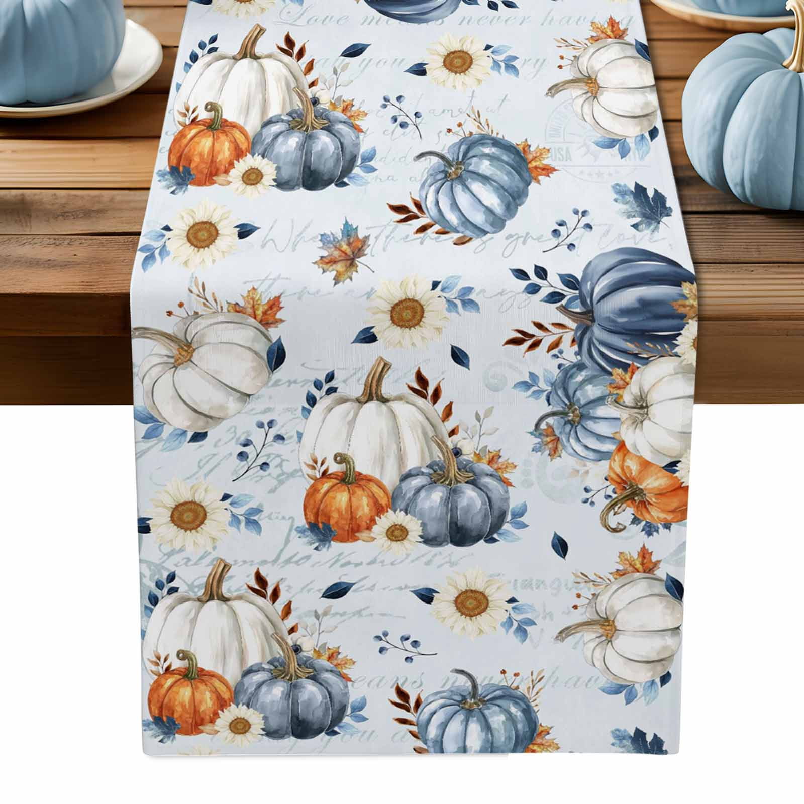 ERUNPONLY Fall Blue Pumpkins Table Runner - 90 Inch Long Thanksgiving ...