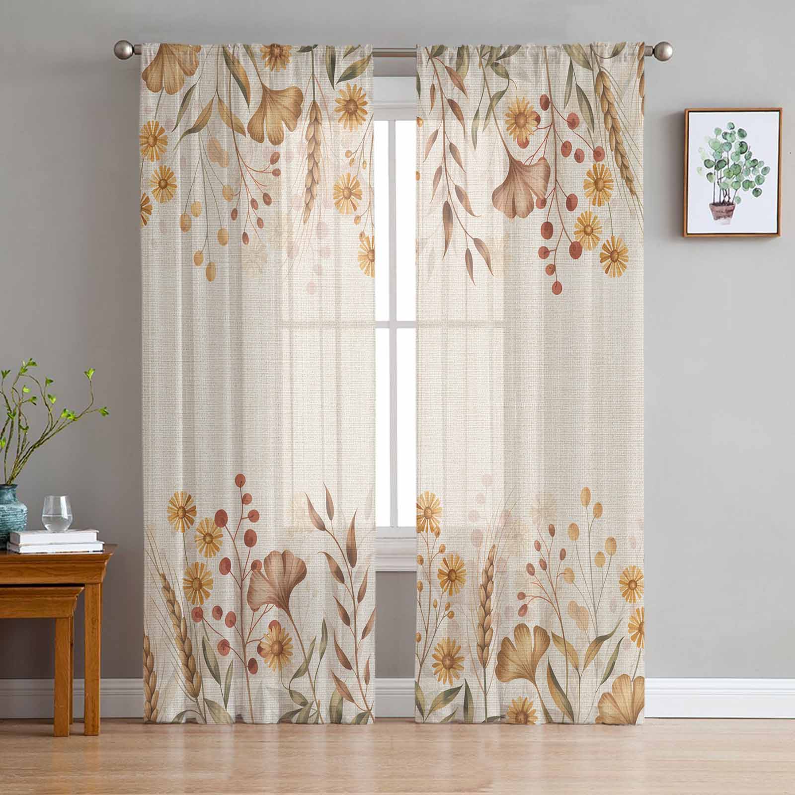 ERUNPONLY Fall Flowers Sheer Curtains 63 Inch Length 2 Panels Set ...