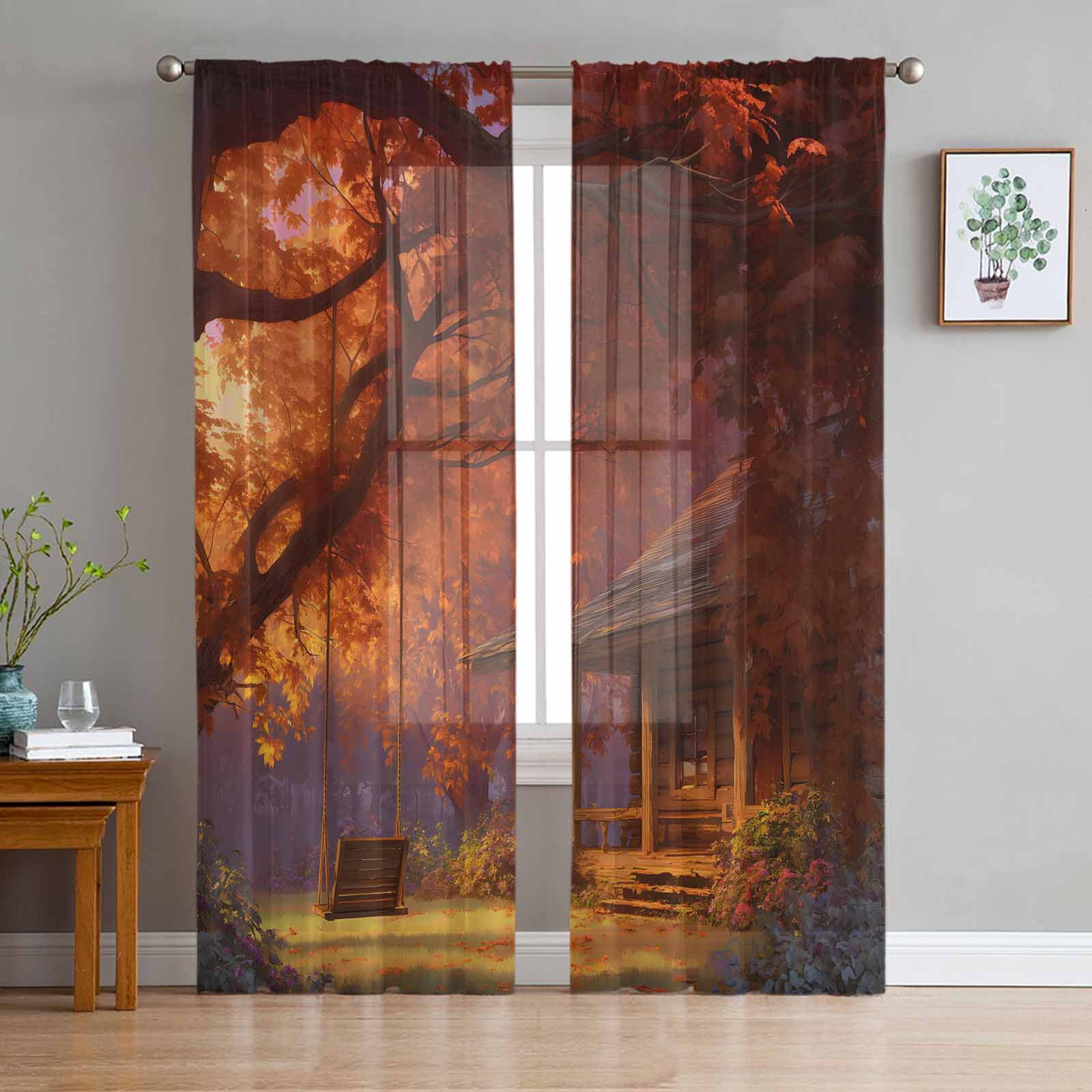 ERUNPONLY Fall Forest Sheer Curtains 84 Inch Length 2 Panels Set ...