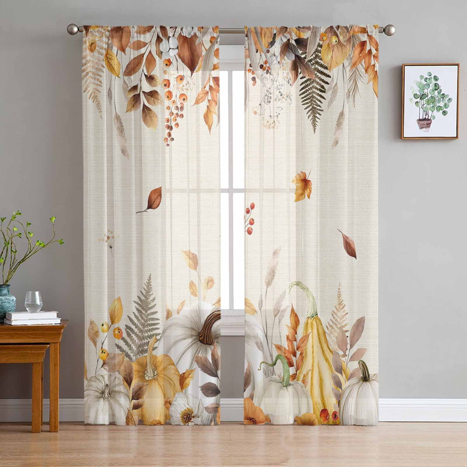 ERUNPONLY Fall Grey Orange Sheer Curtains 63 Inch Length 2 Panels Set ...