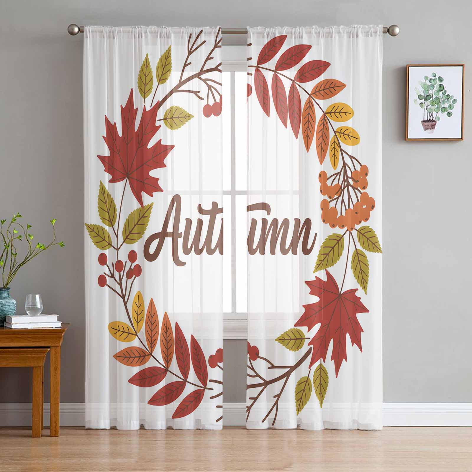ERUNPONLY Fall Maple Leaves Sheer Curtains 84 Inch Length 2 Panels Set ...