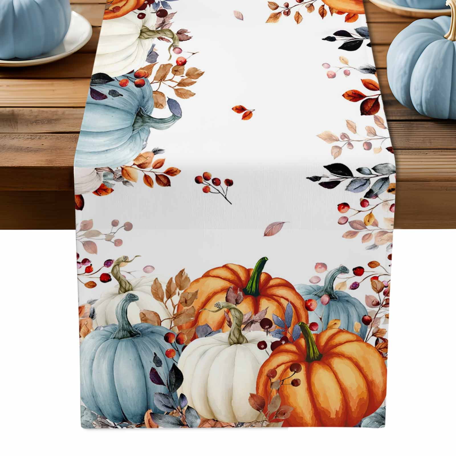 ERUNPONLY Fall Orange Blue Pumpkins Table Runner - 120 Inch Long ...