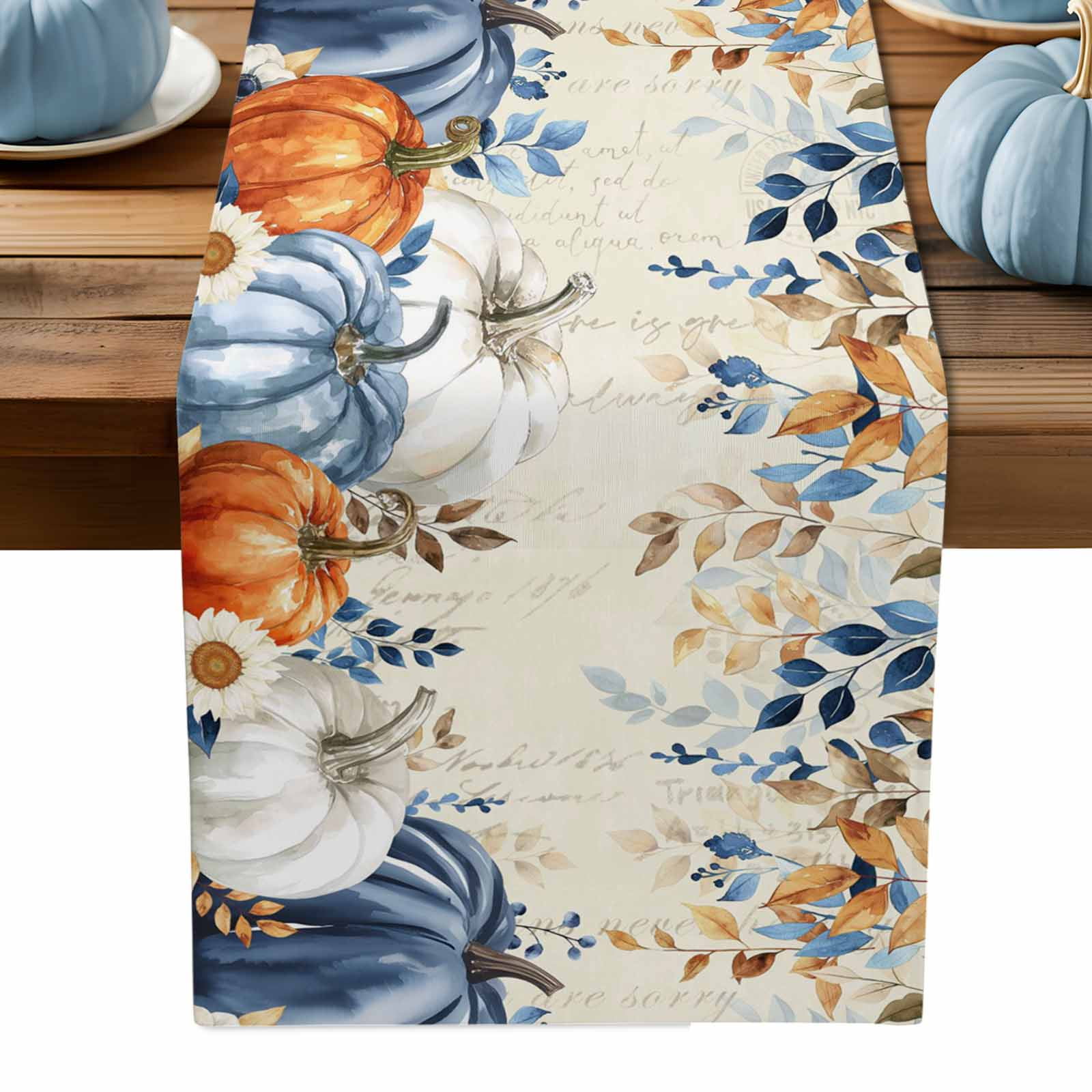 ERUNPONLY Fall Orange Blue Pumpkins Table Runner - 72 Inch Long ...
