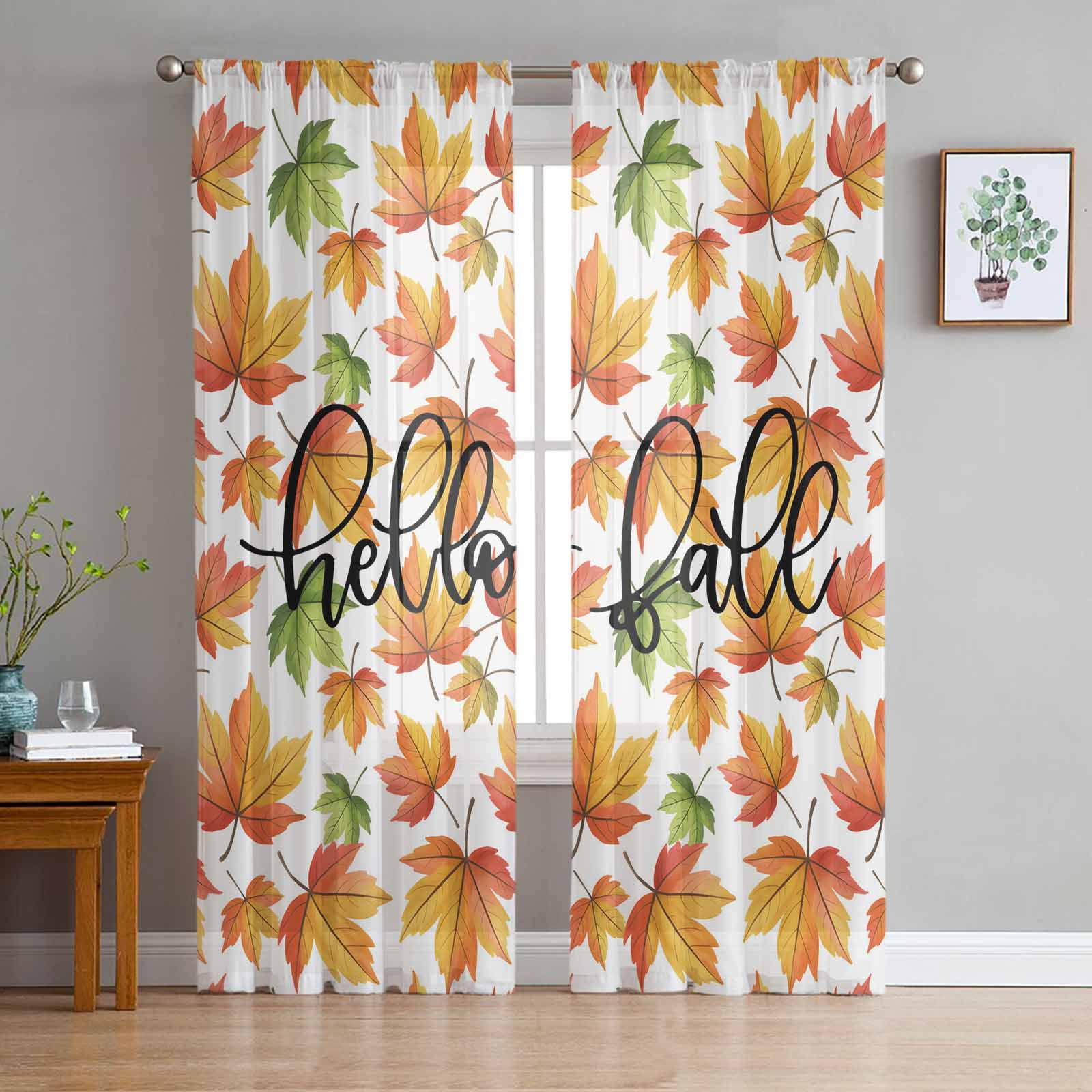 ERUNPONLY Fall Orange Maple Sheer Curtains 84 Inch Length 2 Panels Set ...