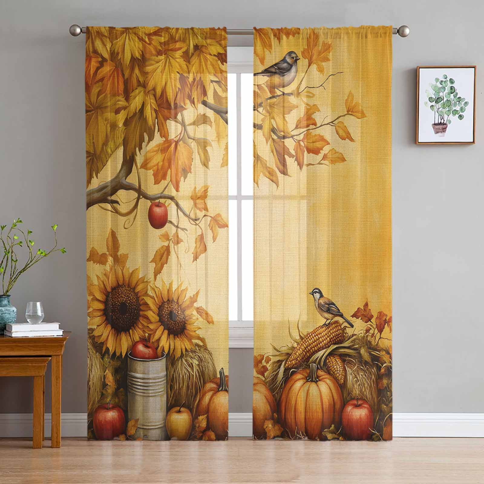 ERUNPONLY Fall Orange Pumpkin Sheer Curtains 63 Inch Length 2 Panels ...