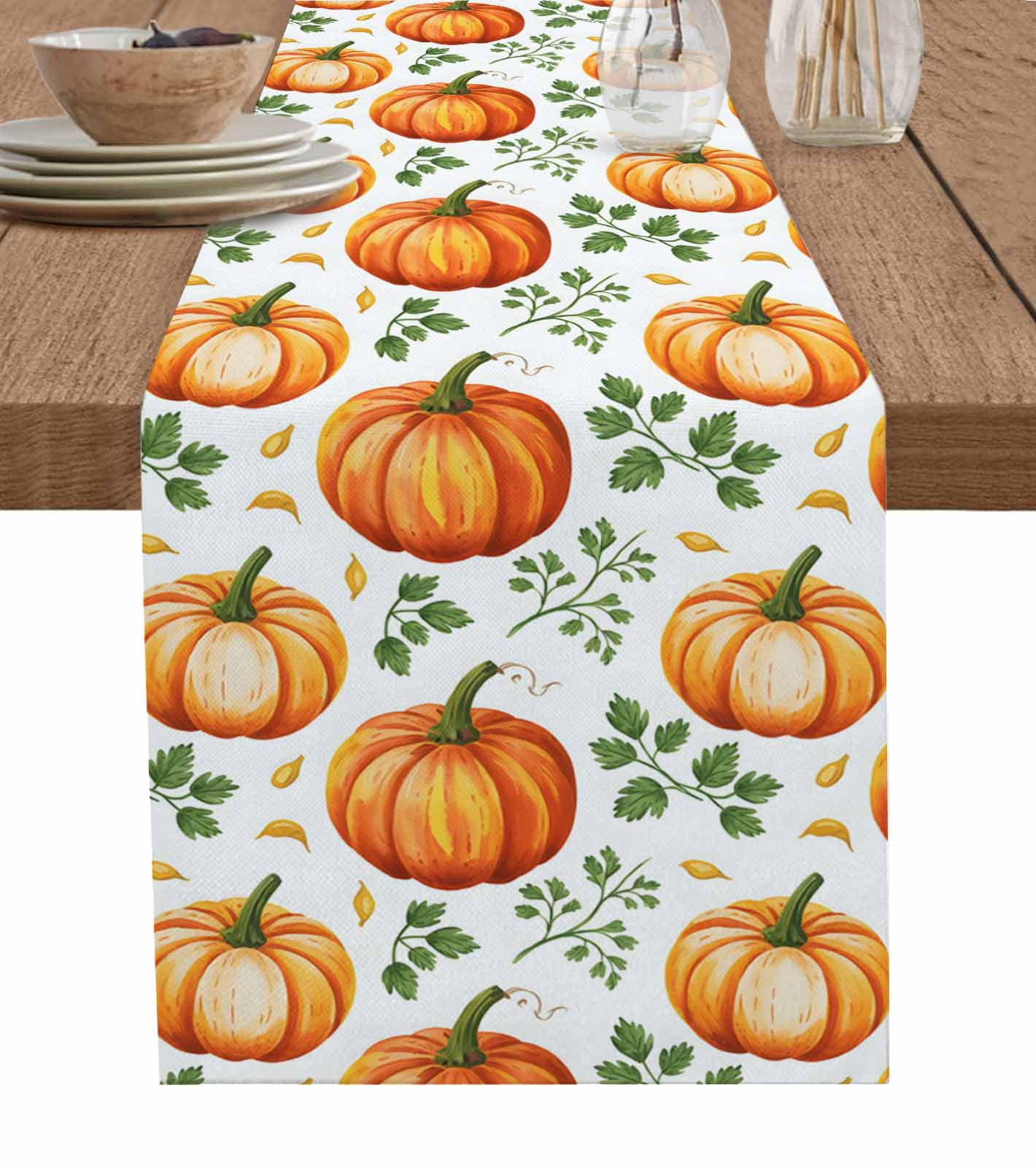 ERUNPONLY Fall Orange Pumpkin Table Runner - 72 Inch Long Watercolor Farmhouse Plants Leaves ...