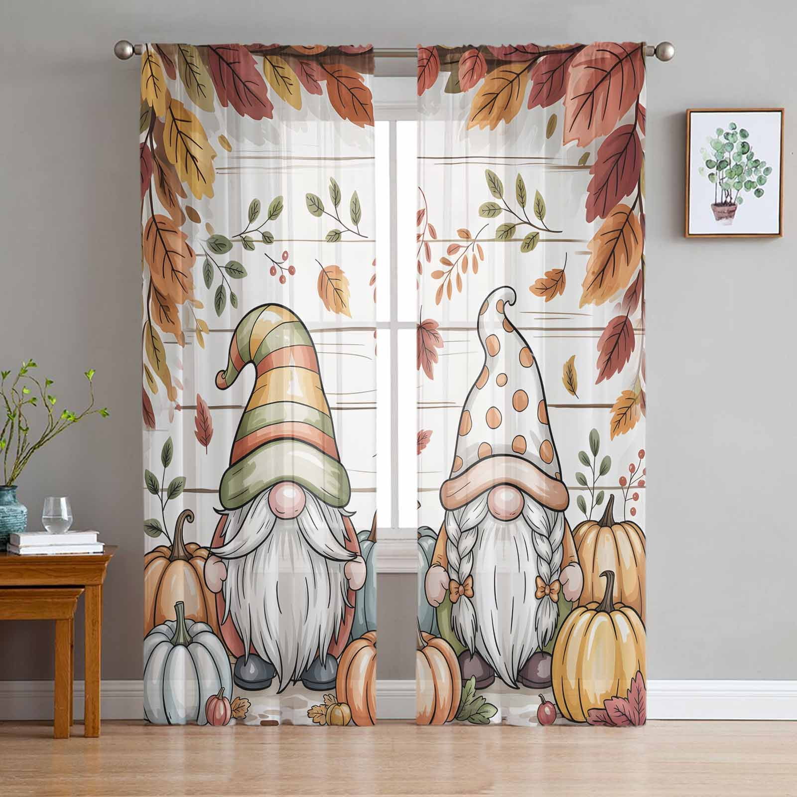 ERUNPONLY Fall Pumpkin Gnomes Sheer Curtains 96 Inch Length 2 Panels ...