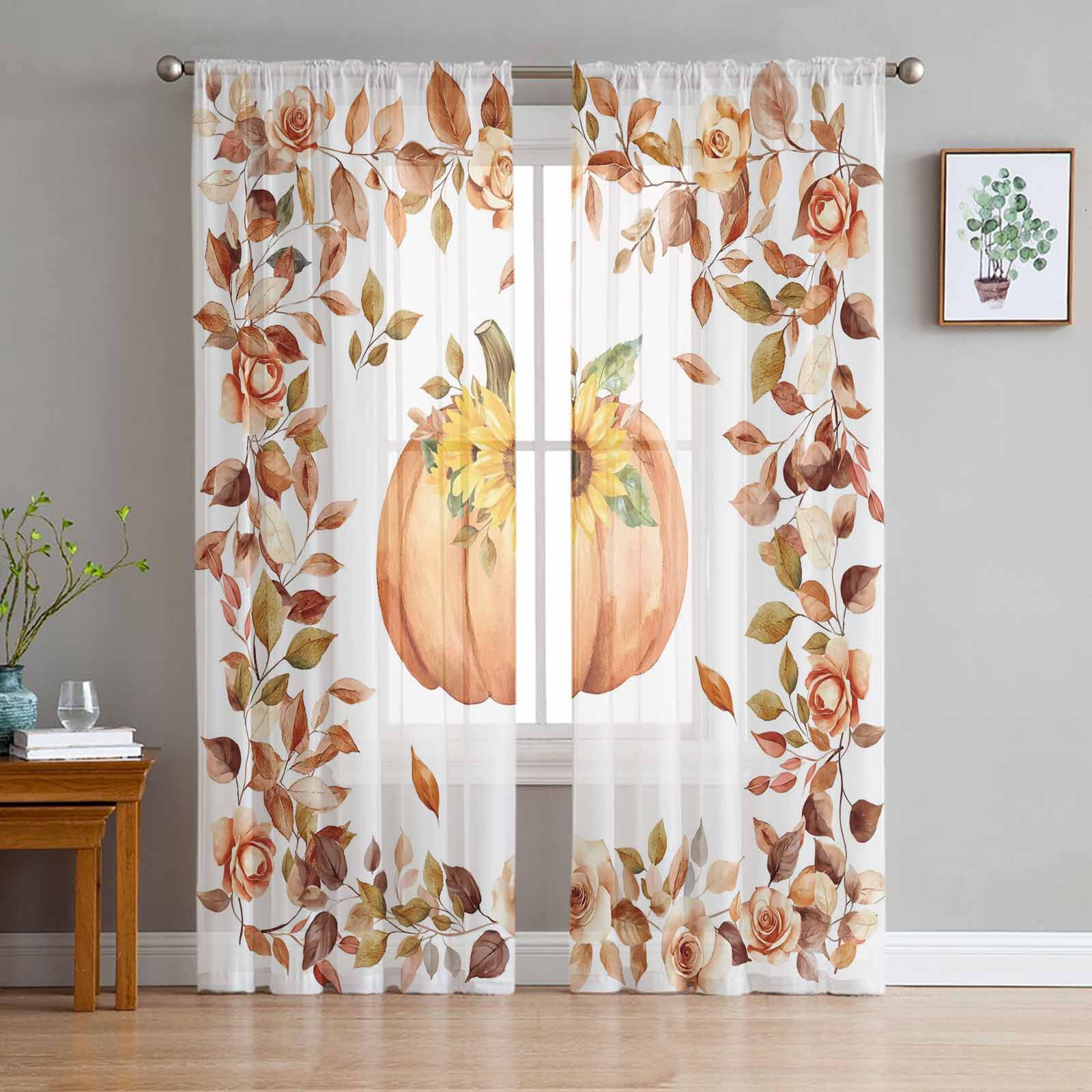 ERUNPONLY Fall Pumpkin Sheer Curtains 72 Inch Length 2 Panels Set ...