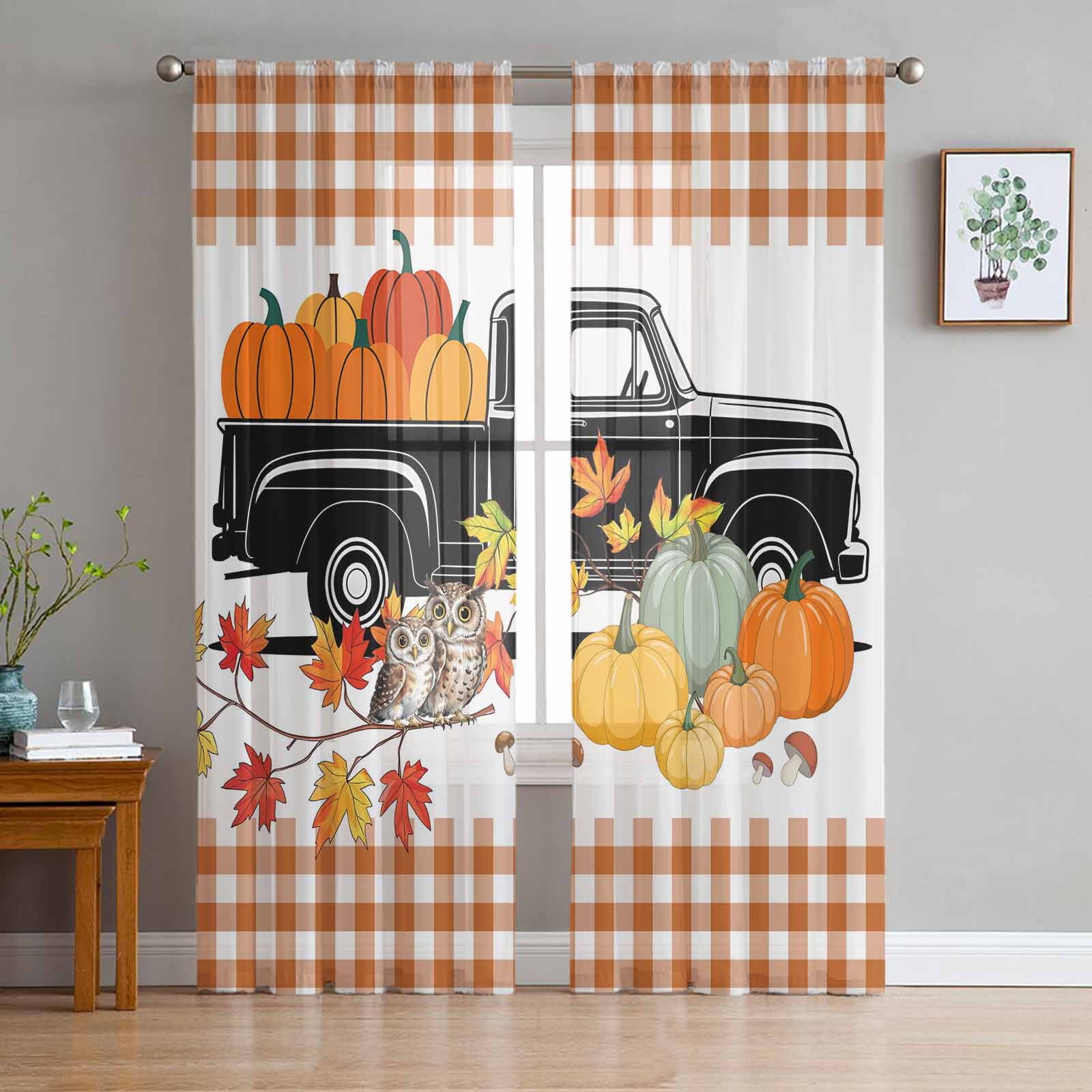 ERUNPONLY Fall Pumpkin Sheer Curtains 96 Inch Length 2 Panels Set ...