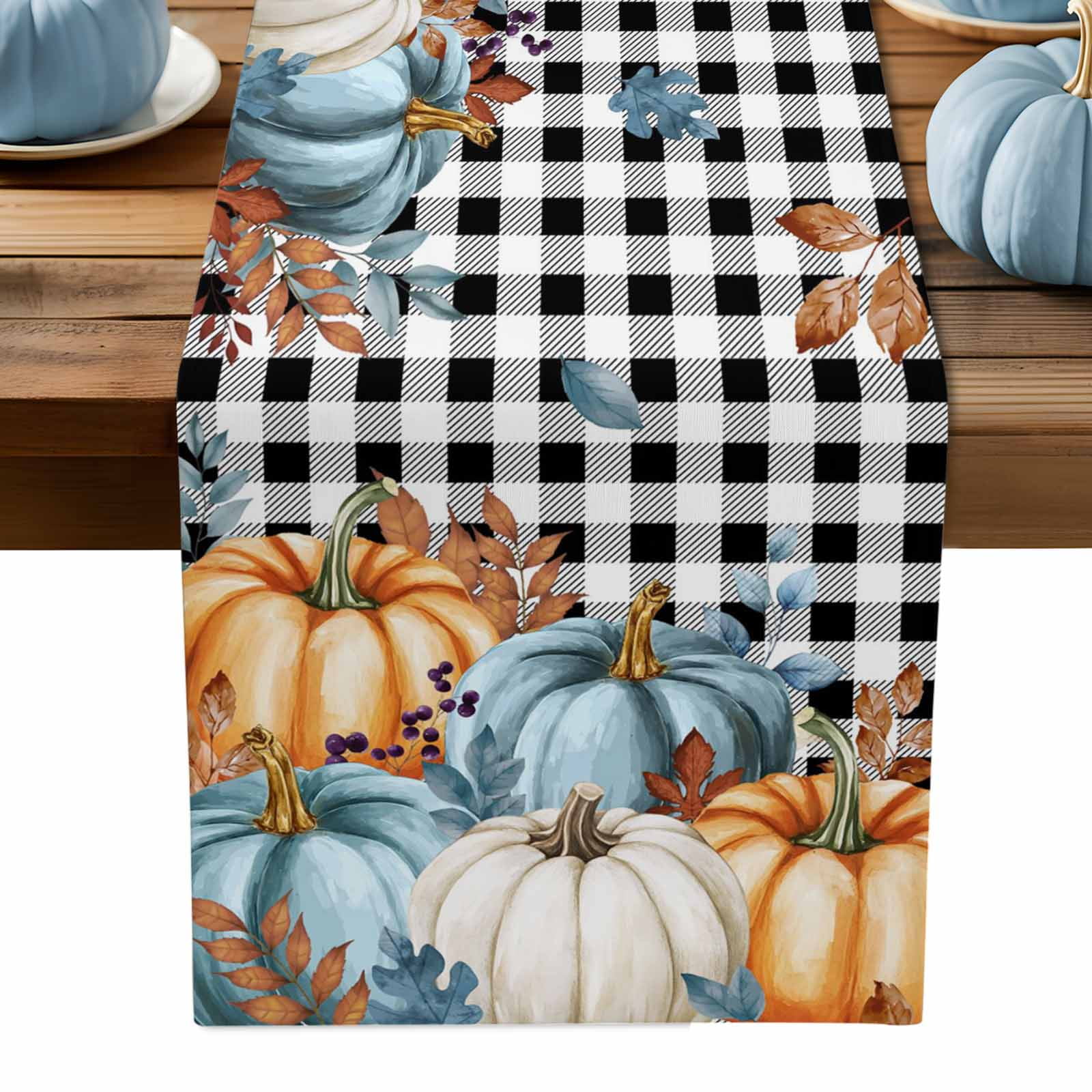 ERUNPONLY Fall Pumpkins Orange Blue Table Runner - 72 Inch Long Thanksgiving Botanical Plaid ...