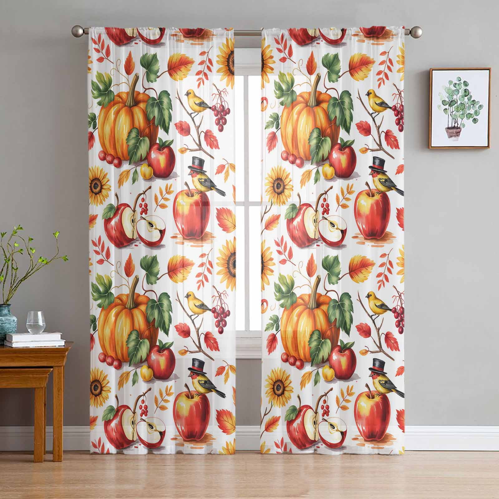 ERUNPONLY Fall Pumpkins Sheer Curtains 63 Inch Length 2 Panels Set ...