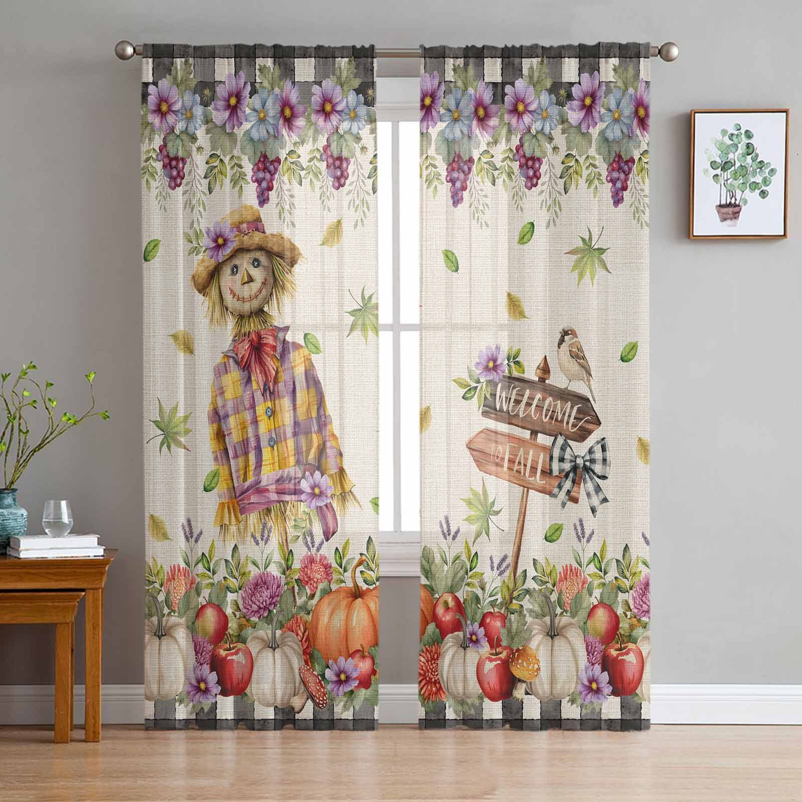ERUNPONLY Fall Pumpkins Sheer Curtains 63 Inch Length 2 Panels Set ...