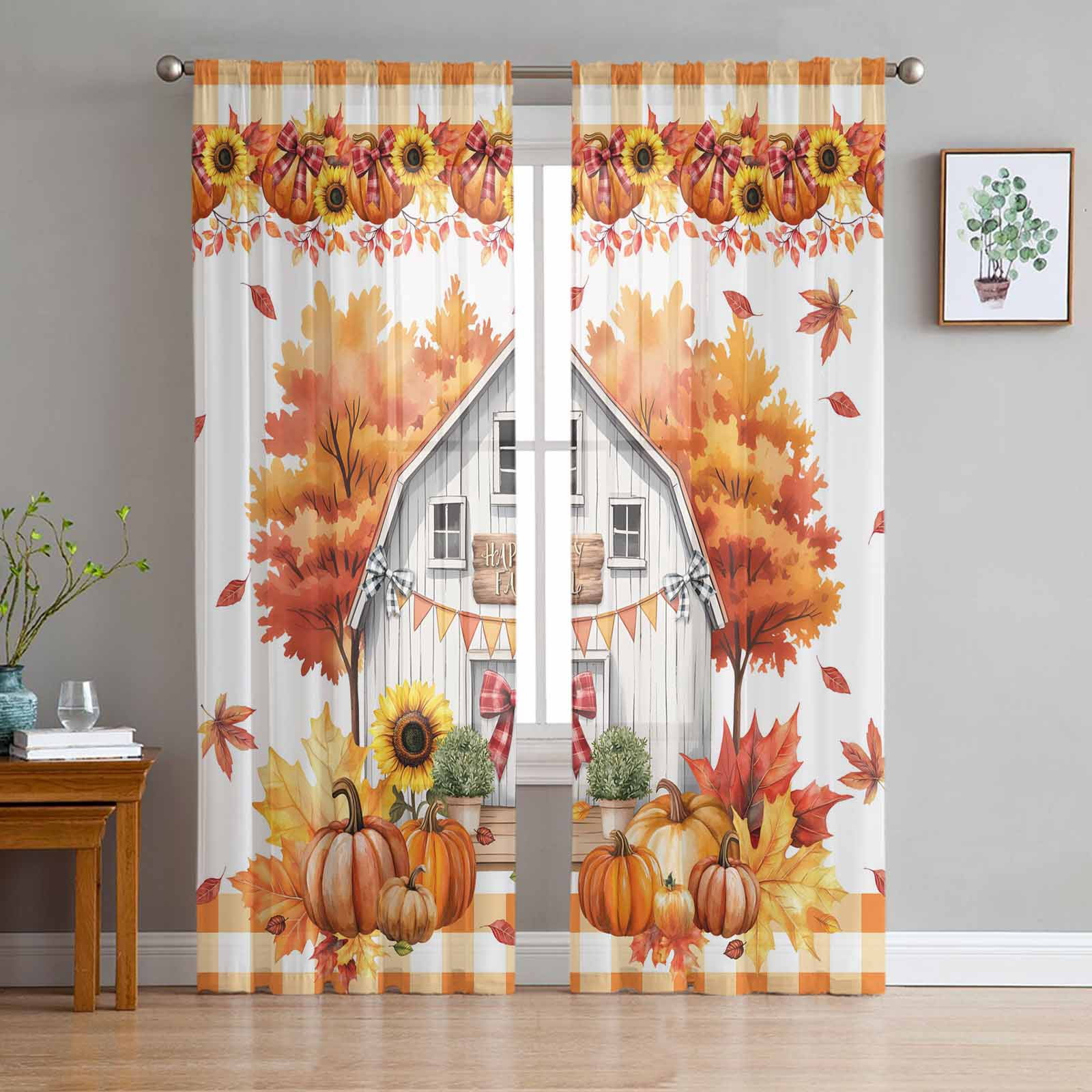 ERUNPONLY Fall Pumpkins Sheer Curtains 63 Inch Length 2 Panels Set ...