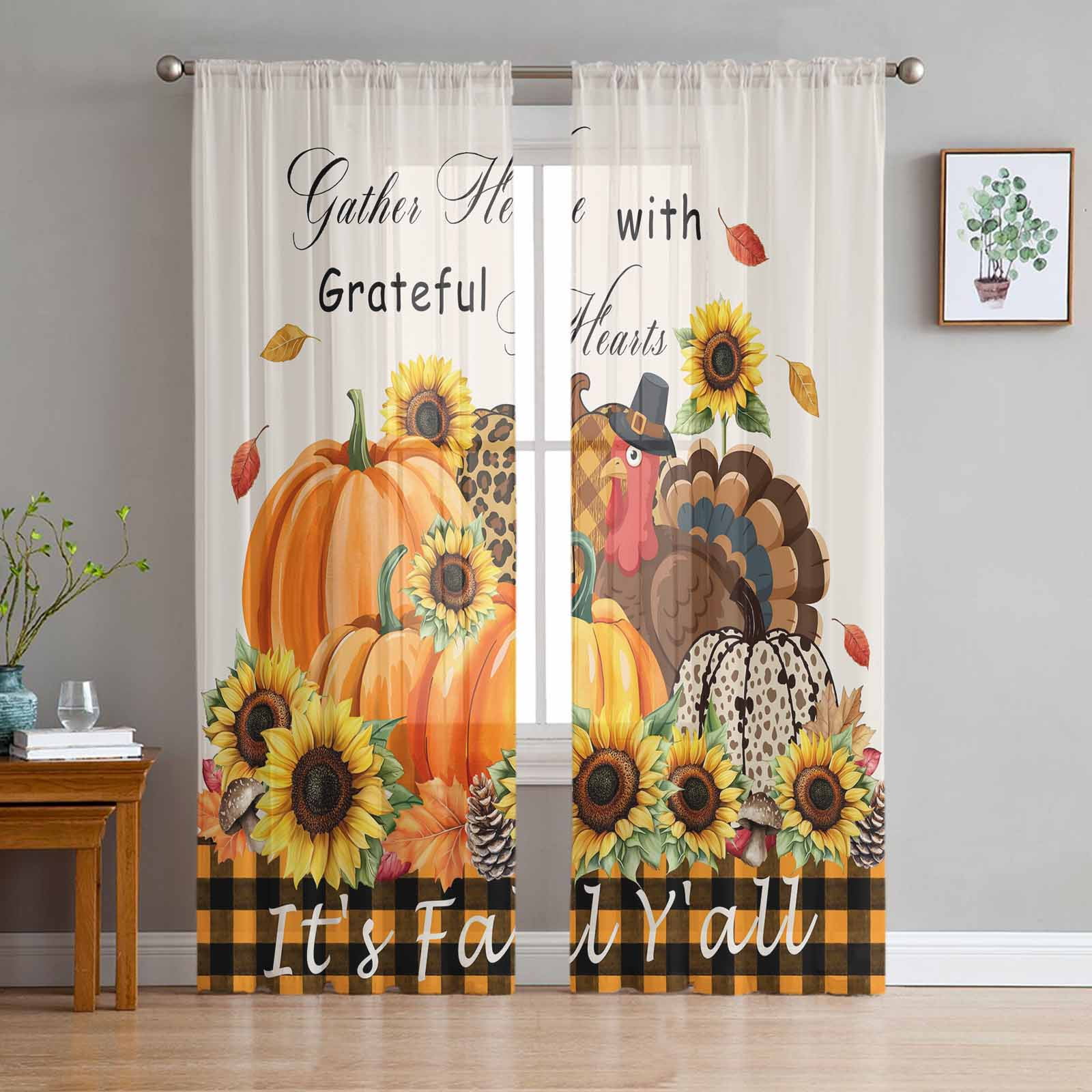 ERUNPONLY Fall Pumpkins Sheer Curtains 63 Inch Length 2 Panels Set ...