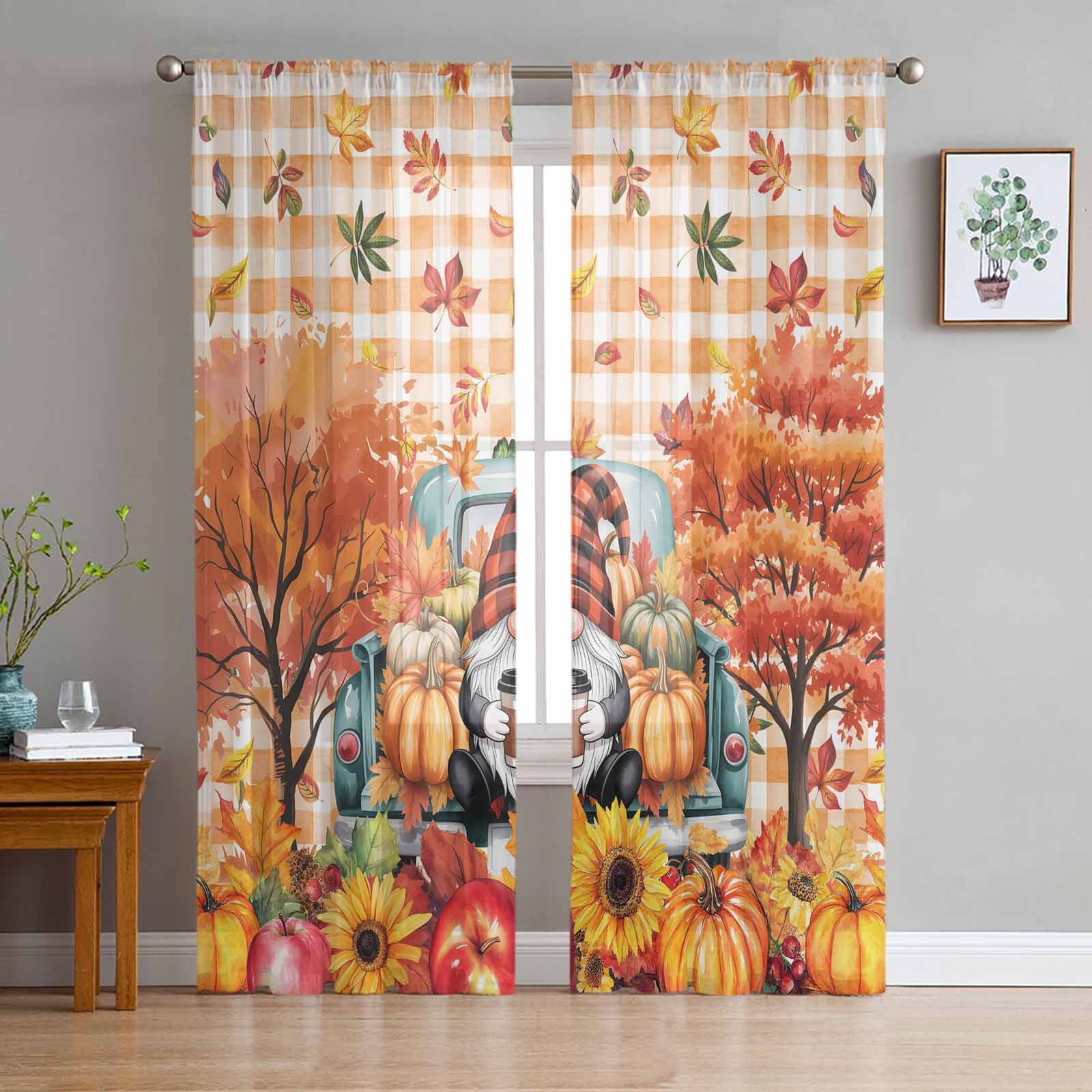 ERUNPONLY Fall Pumpkins Sheer Curtains 96 Inch Length 2 Panels Set ...