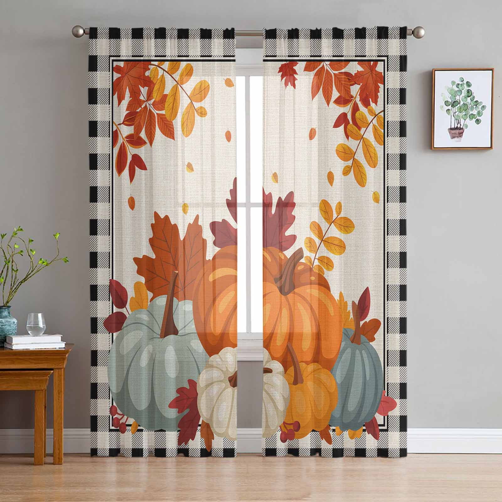 ERUNPONLY Fall Pumpkins Sheer Curtains 96 Inch Length 2 Panels Set ...