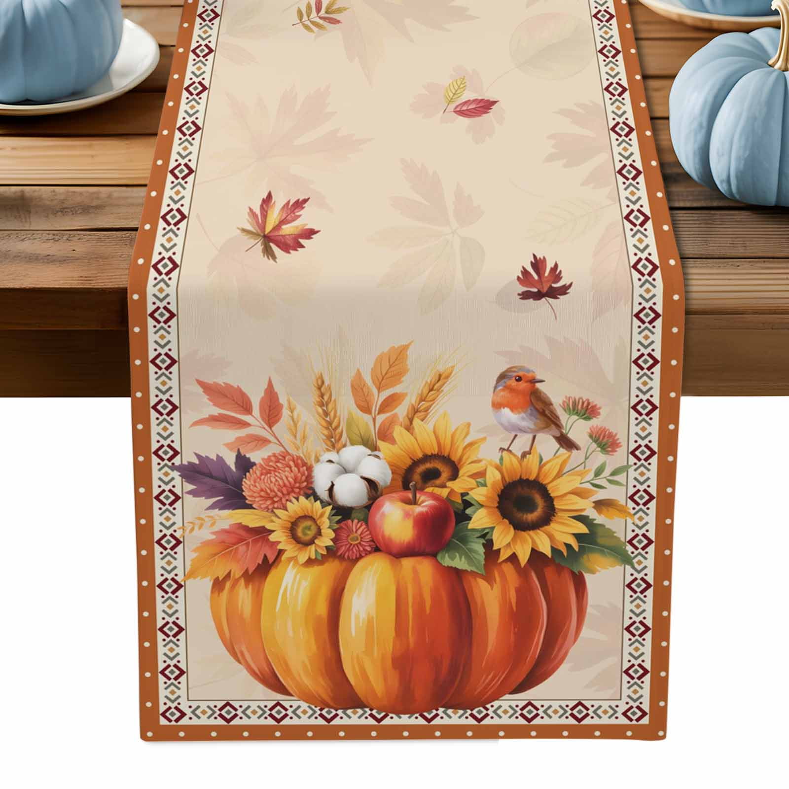 ERUNPONLY Fall Pumpkins Table Runner - 120 Inch Long Orange Sunflowers ...