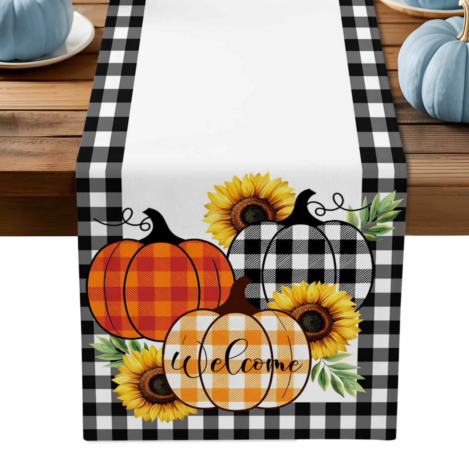 ERUNPONLY Fall Pumpkins Table Runner - 72 Inch Long Black White Plaid ...