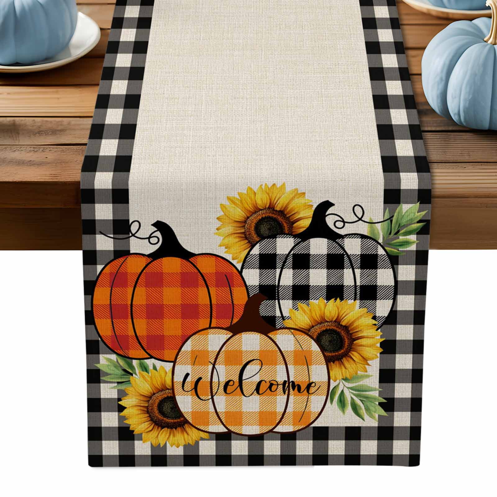 ERUNPONLY Fall Pumpkins Table Runner - 72 Inch Long Black White Plaid ...