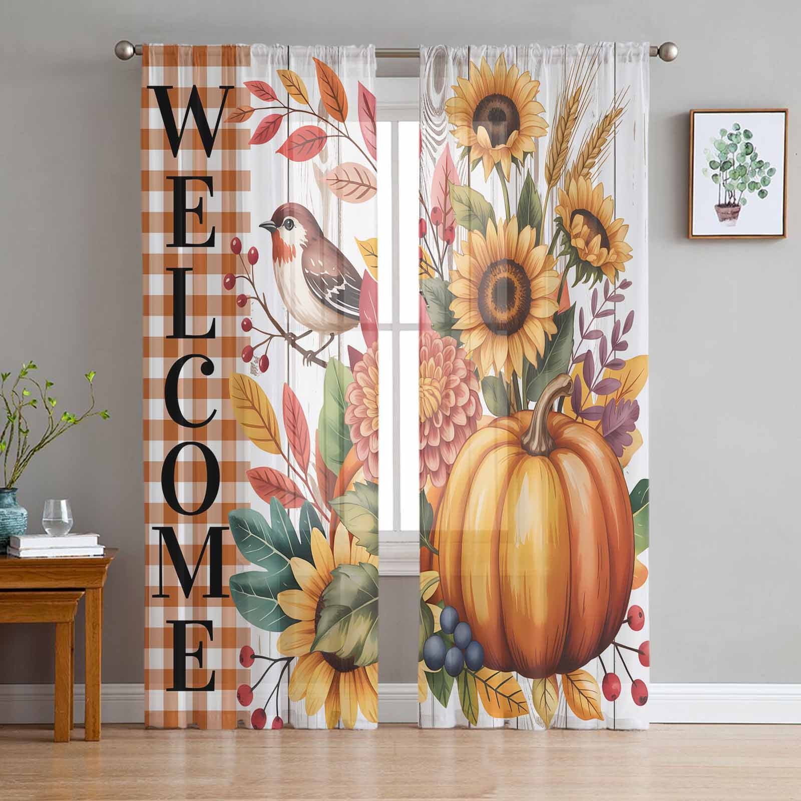 ERUNPONLY Fall Sheer Curtains 63 Inch Length 2 Panels Set, Harvest ...