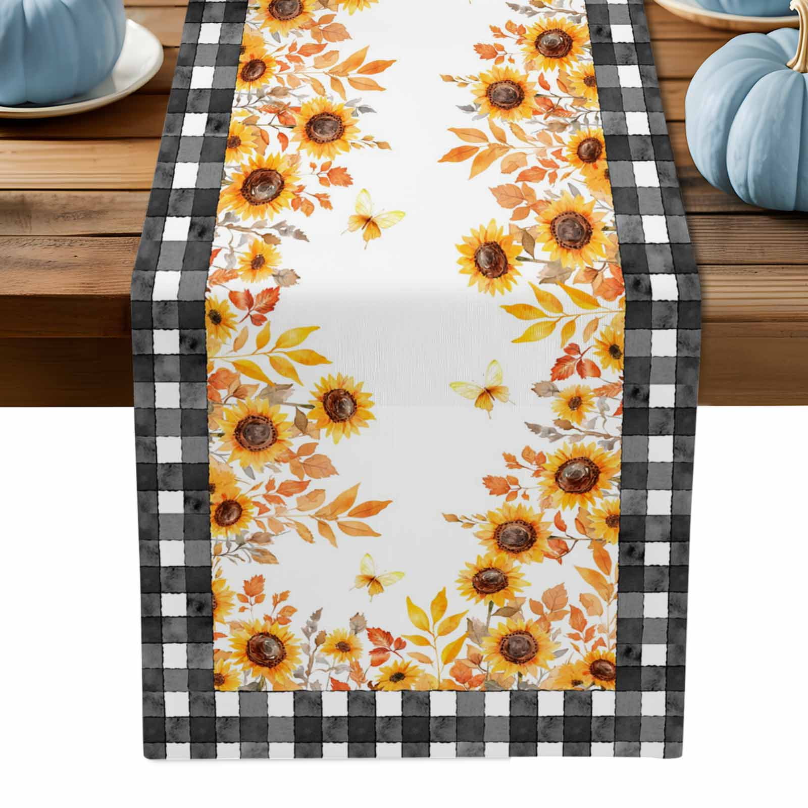 ERUNPONLY Fall Sunflowers Table Runner - 72 Inch Long Country Floral Leaves Butterfly Plaid ...