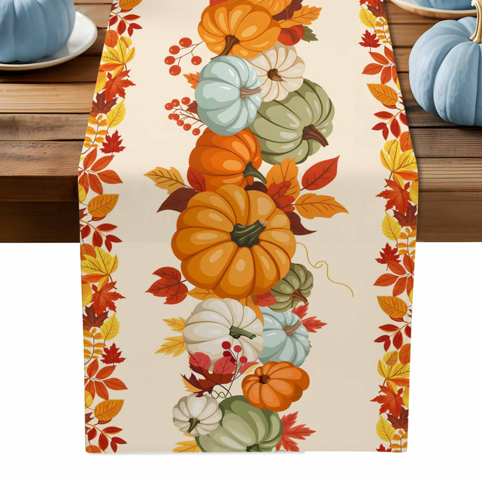 ERUNPONLY Fall Table Runner - 70 Inch Long Orange Blue Pumpkins ...